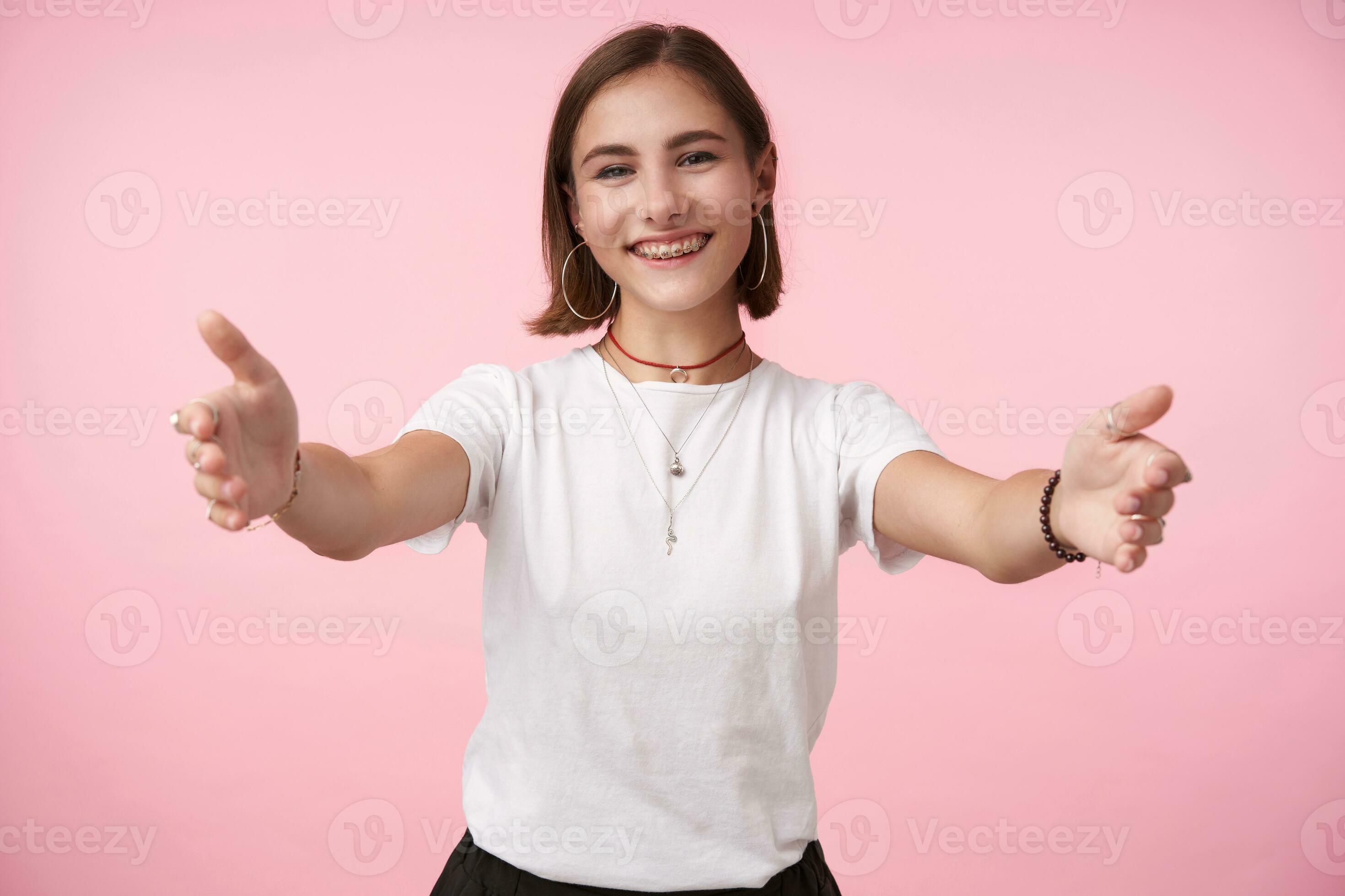 Joyful Young Attractive Short Haired Brunette Lady With Natural Makeup