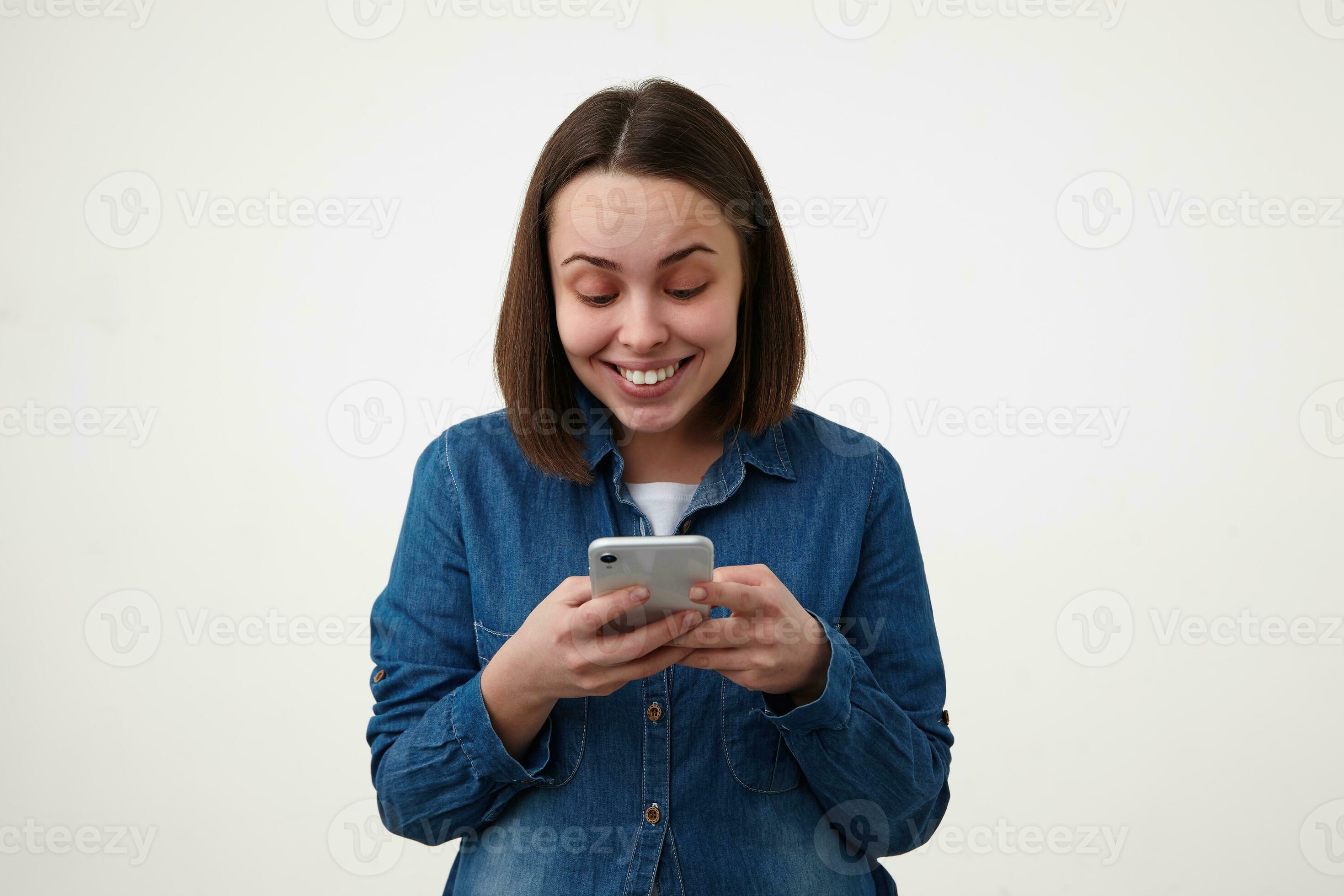 Joyful Young Pretty Short Haired Brunette Lady With Natural Makeup