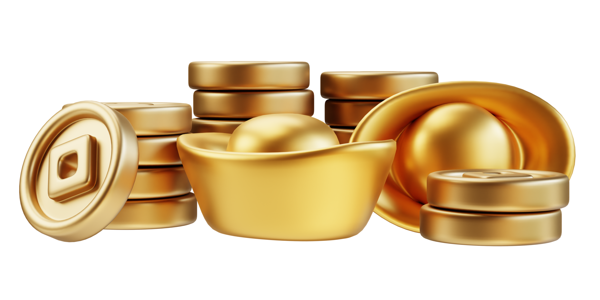 Realistic Yuan Bao Chinese gold sycee and coin. Imperial gold YuanBao iambic. 3D Elements asian ...