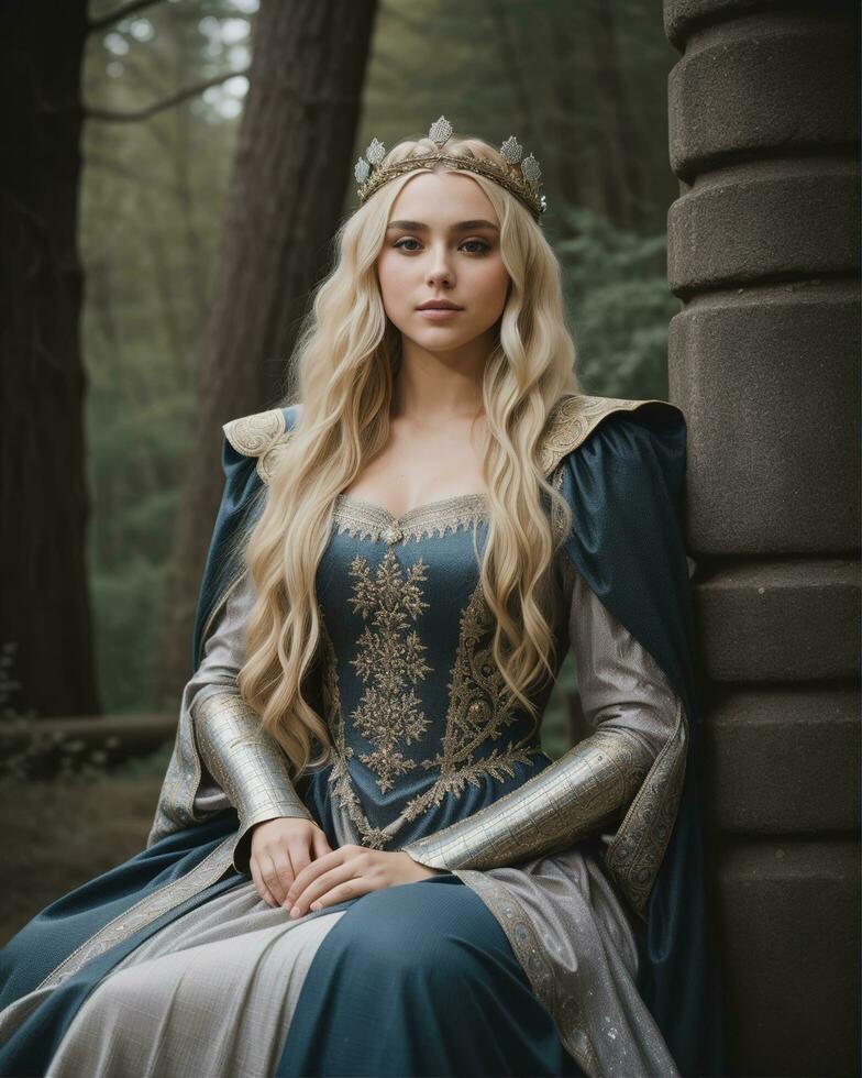 AI generated beautiful women in medieval dresses posing in front of a castle. ai generative ...