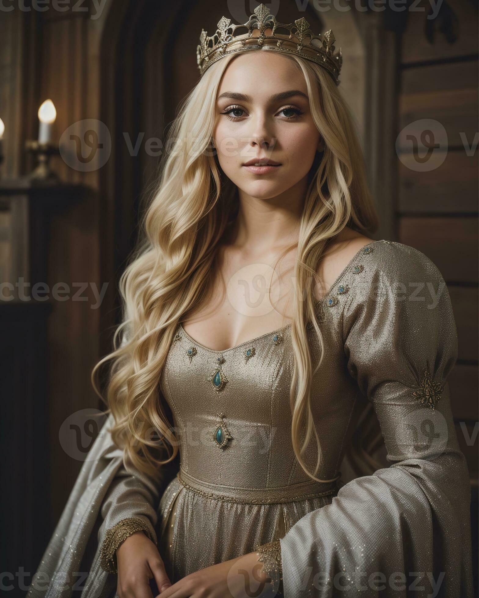 AI generated beautiful women in medieval dresses posing in front of a castle. ai generative ...