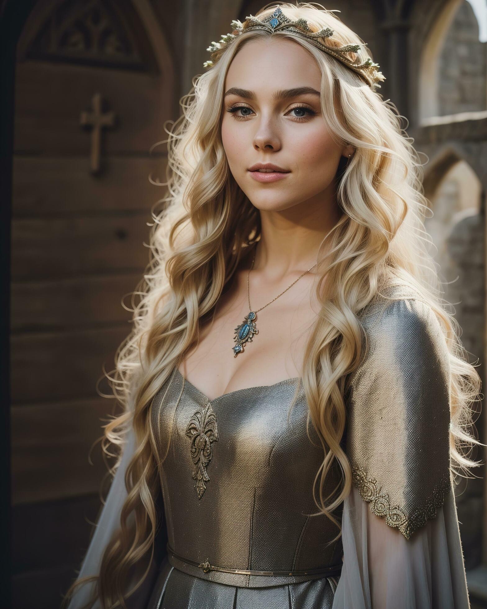 AI generated beautiful women in medieval dresses posing in front of a castle. ai generative ...