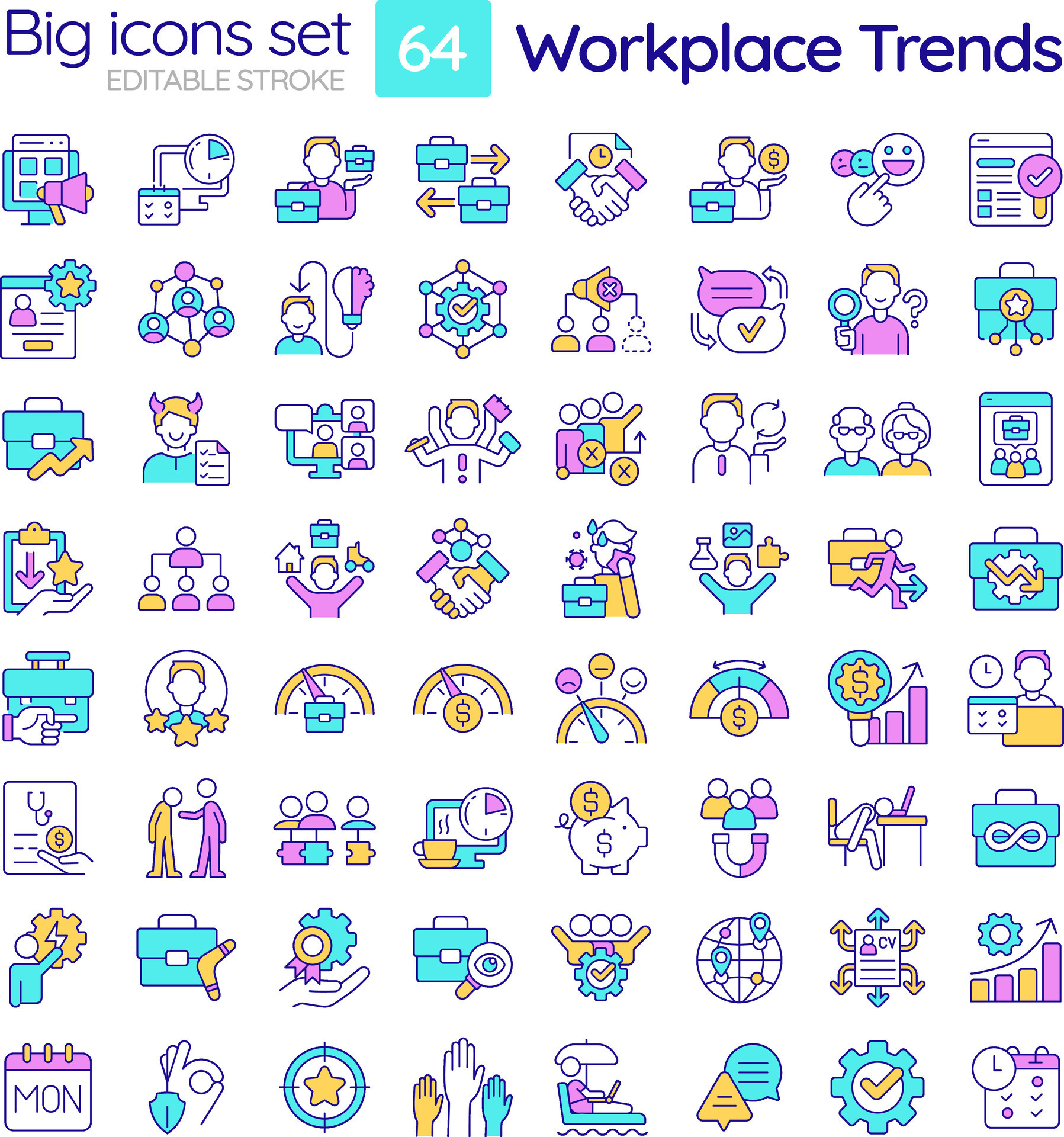 2D editable multicolor big thin line icons set representing workplace ...