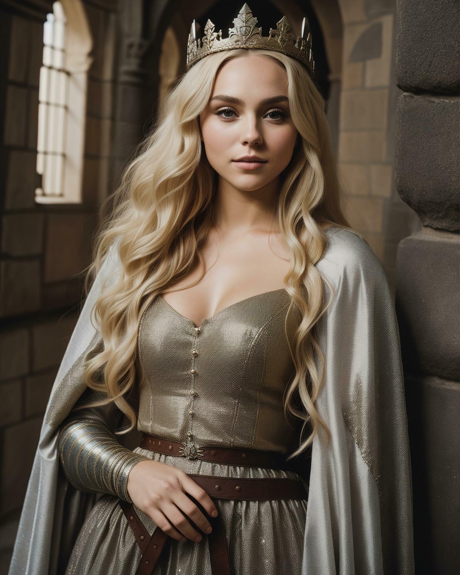 AI generated beautiful women in medieval dresses posing in front of a castle. ai generative ...