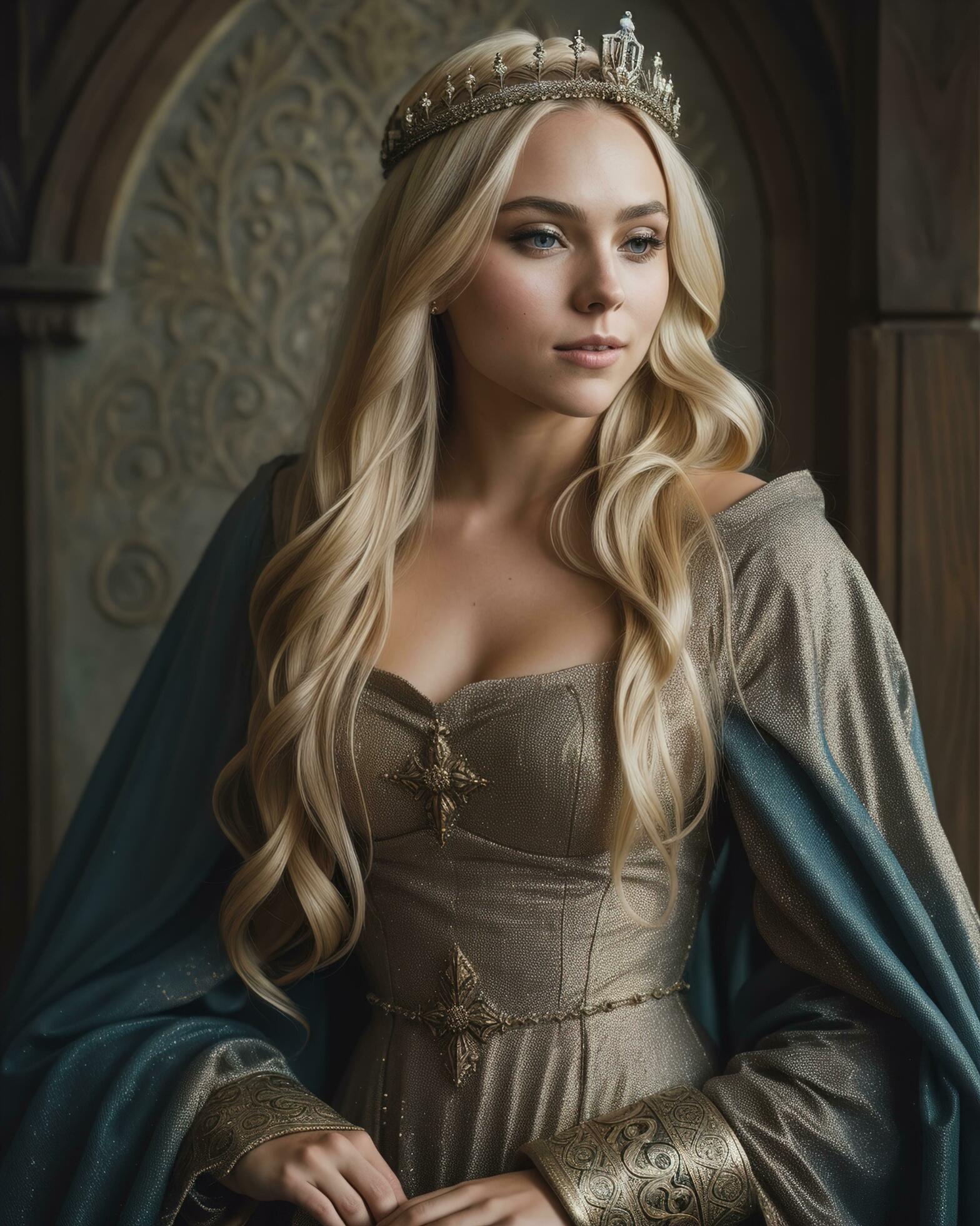AI generated beautiful women in medieval dresses posing in front of a castle. ai generative ...