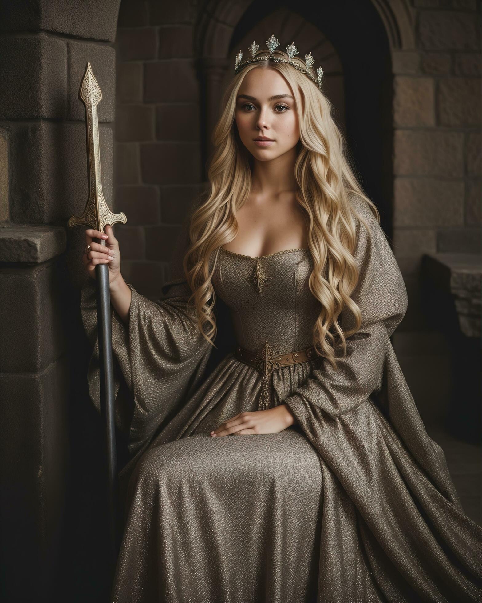 AI generated beautiful women in medieval dresses posing in front of a castle. ai generative ...