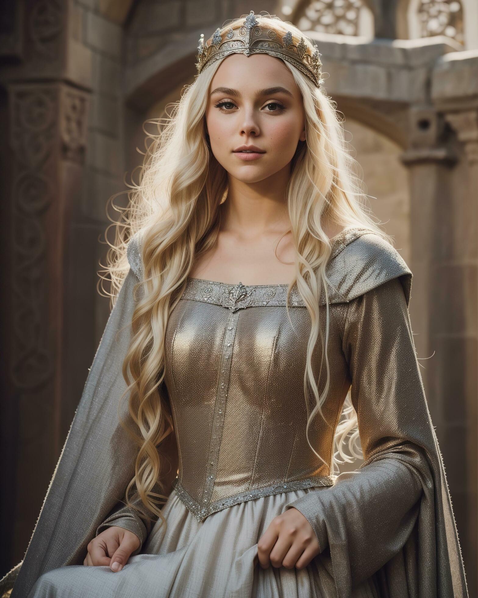 AI generated beautiful women in medieval dresses posing in front of a castle. ai generative ...