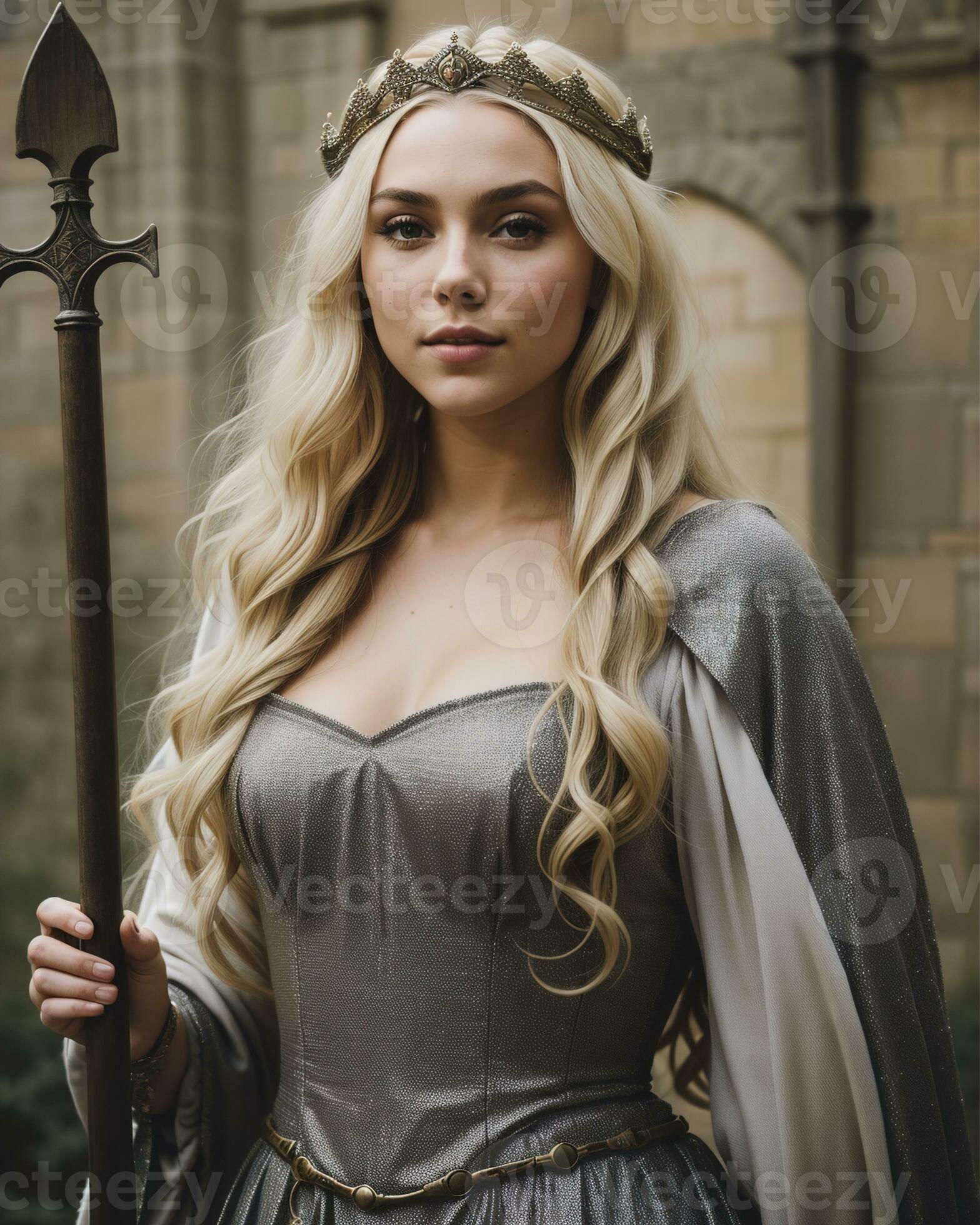 AI generated beautiful women in medieval dresses posing in front of a castle. ai generative ...