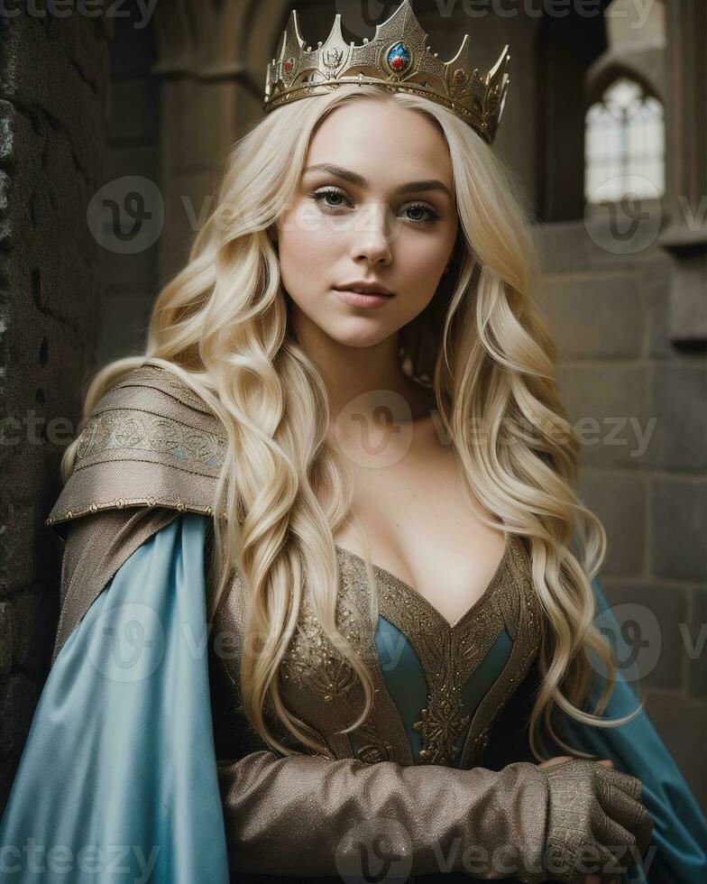 AI generated beautiful women in medieval dresses posing in front of a castle. ai generative ...