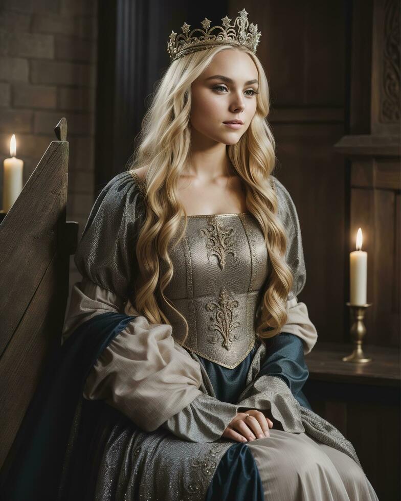 AI generated beautiful women in medieval dresses posing in front of a castle. ai generative ...