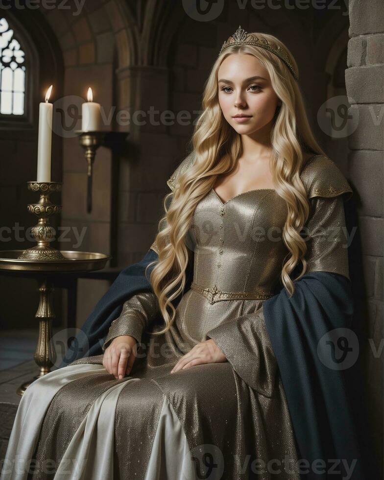 AI generated beautiful women in medieval dresses posing in front of a castle. ai generative ...