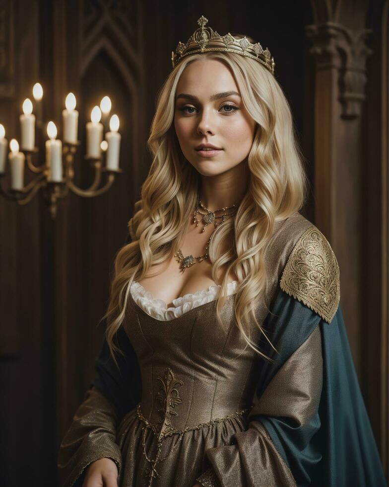 AI generated beautiful women in medieval dresses posing in front of a castle. ai generative ...