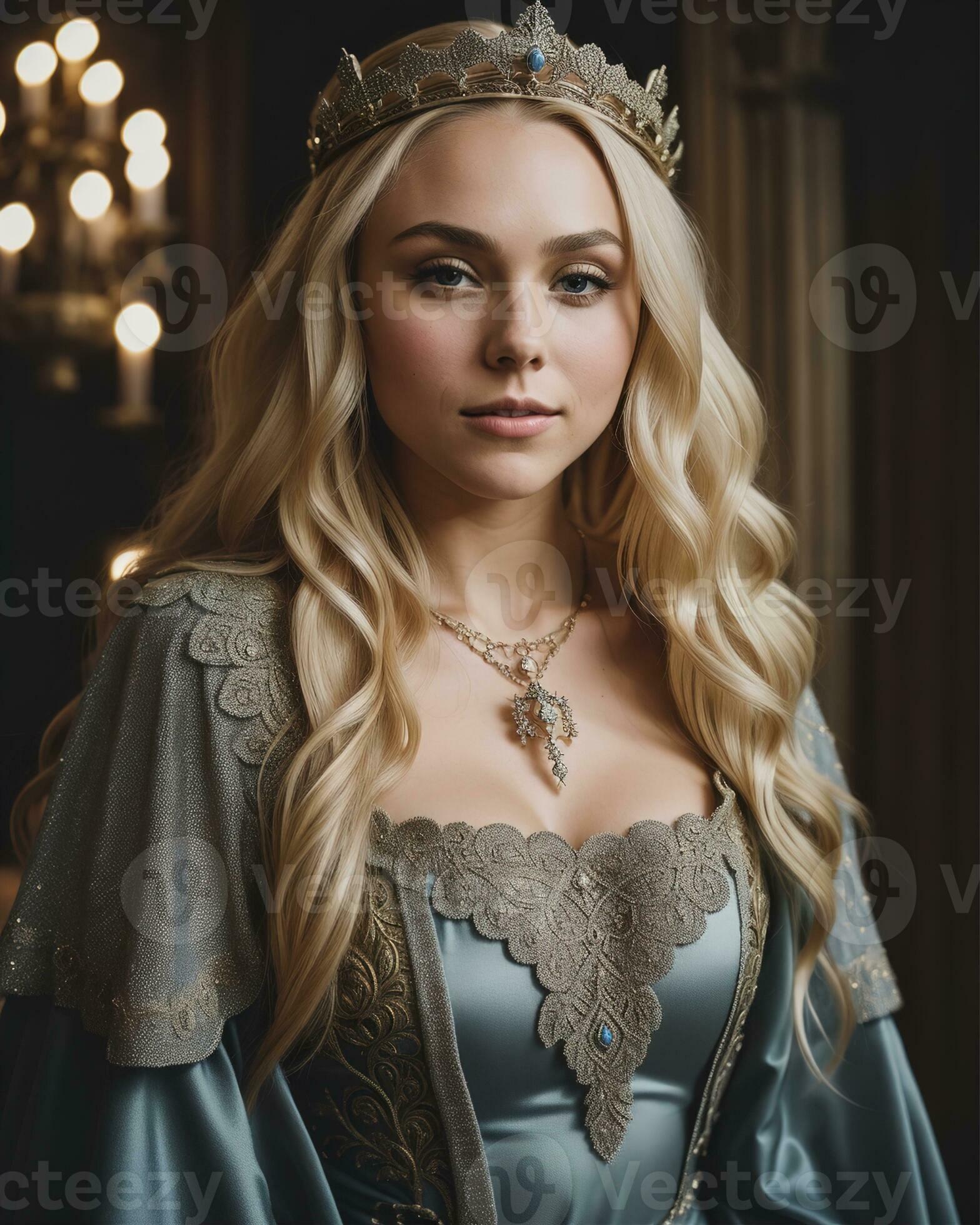 AI generated beautiful women in medieval dresses posing in front of a castle. ai generative ...