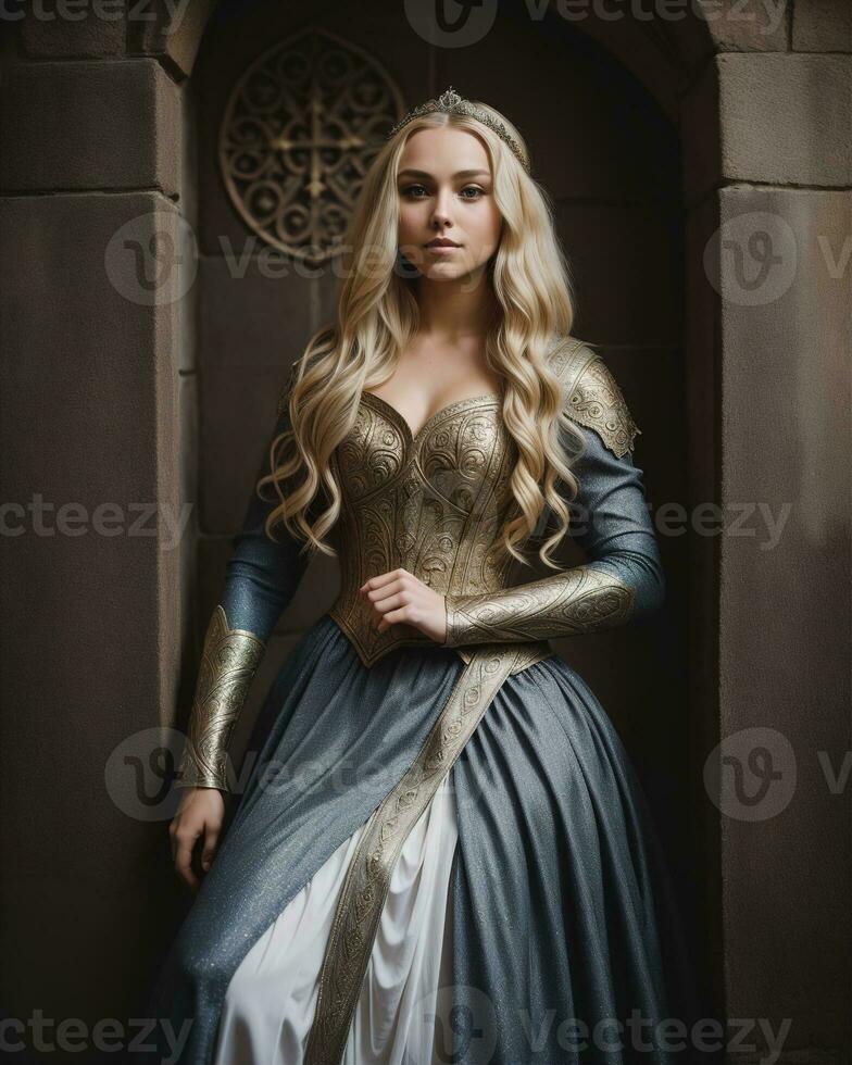 AI generated beautiful women in medieval dresses posing in front of a castle. ai generative ...