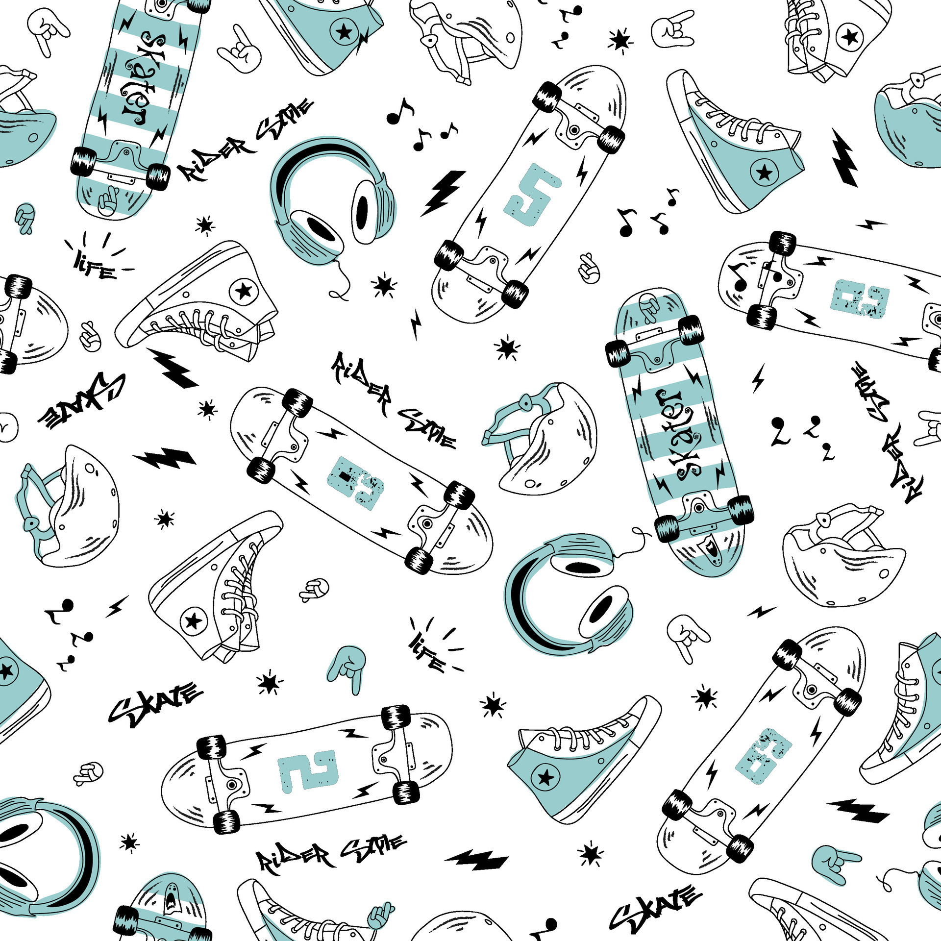 Skateboarding elements seamless pattern. Seamless pattern with skate and music. 36600826 Vector ...