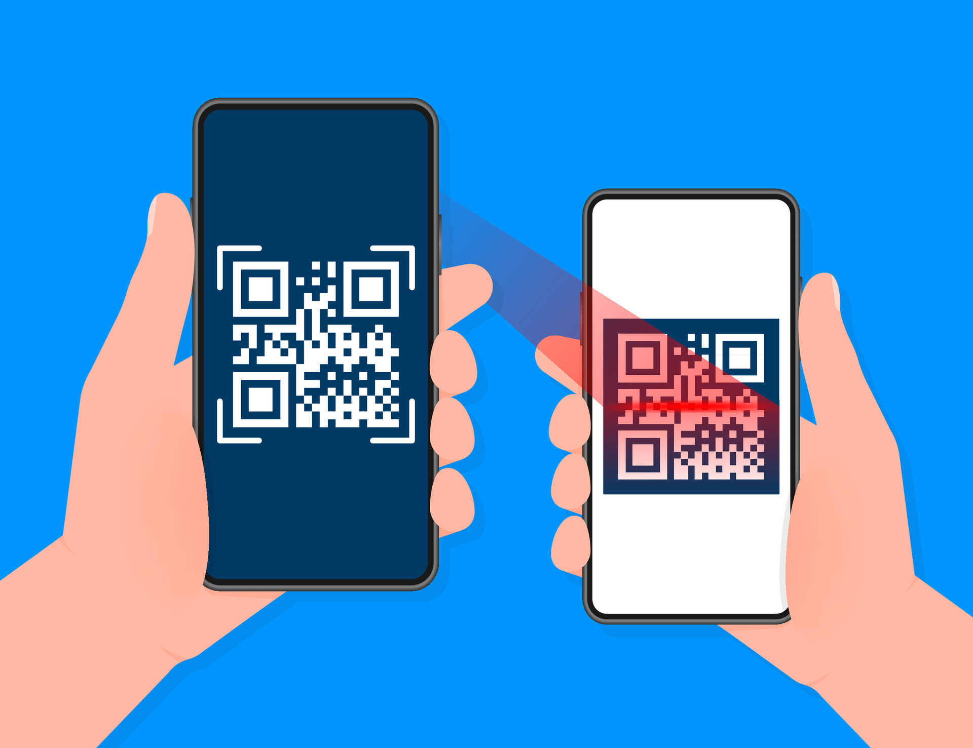 Hand Holds Phone With Scan Qr Code To Pay On Screen Phone On Blue Background Vector