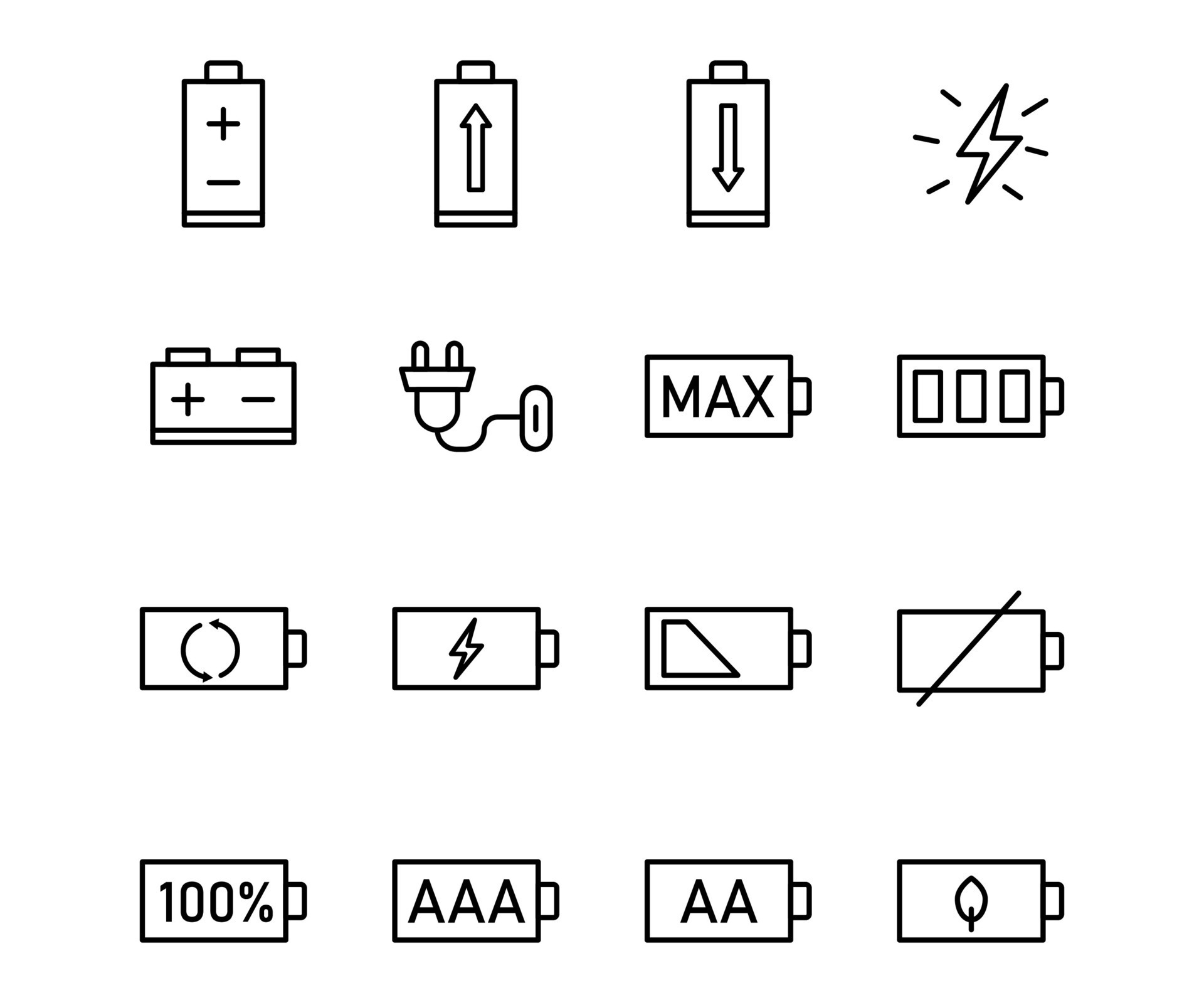 Vector Black Line Icon Set Battery Outline Symbol Technology Design