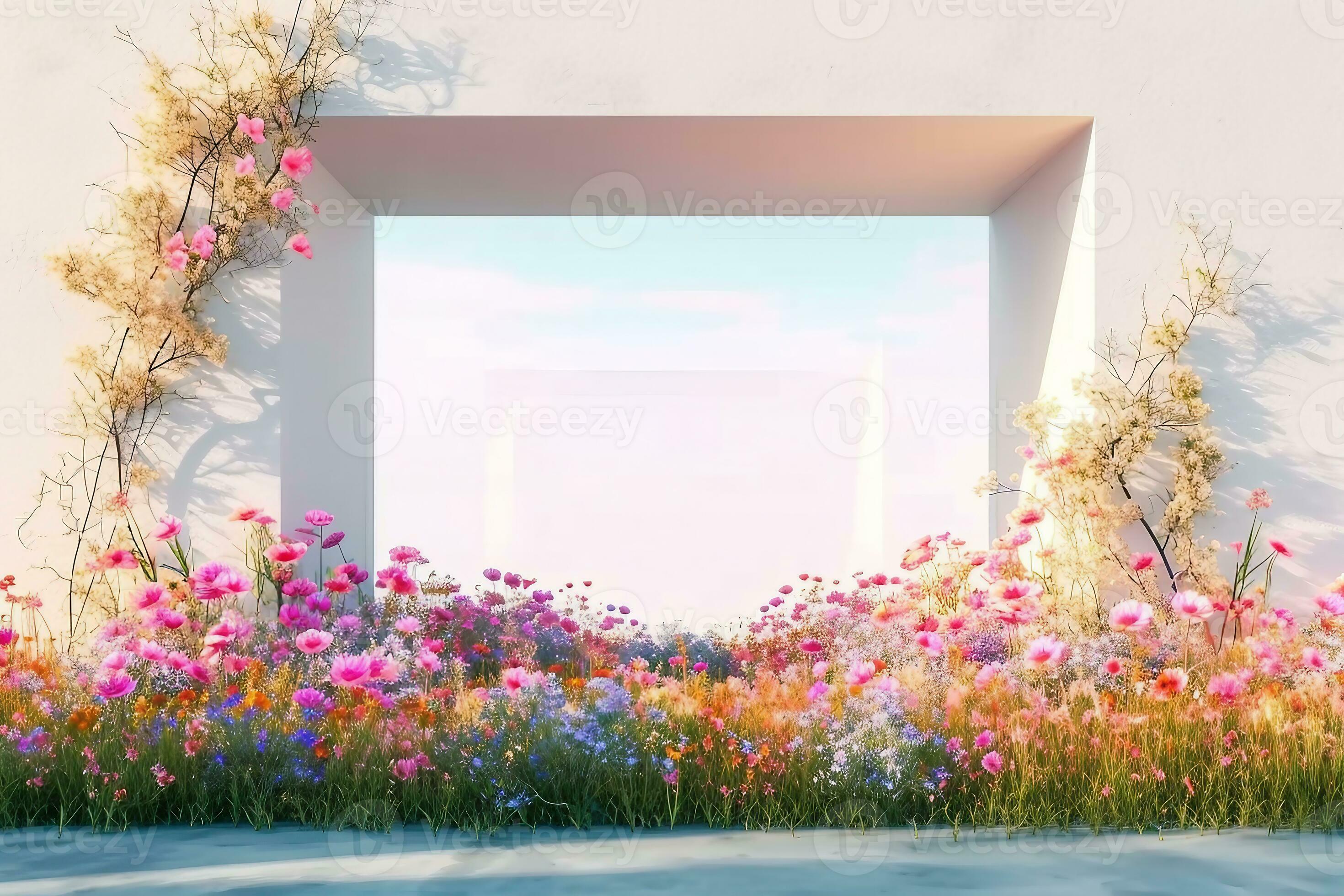 AI generated Spring floral installation scene with geometric arch form ...