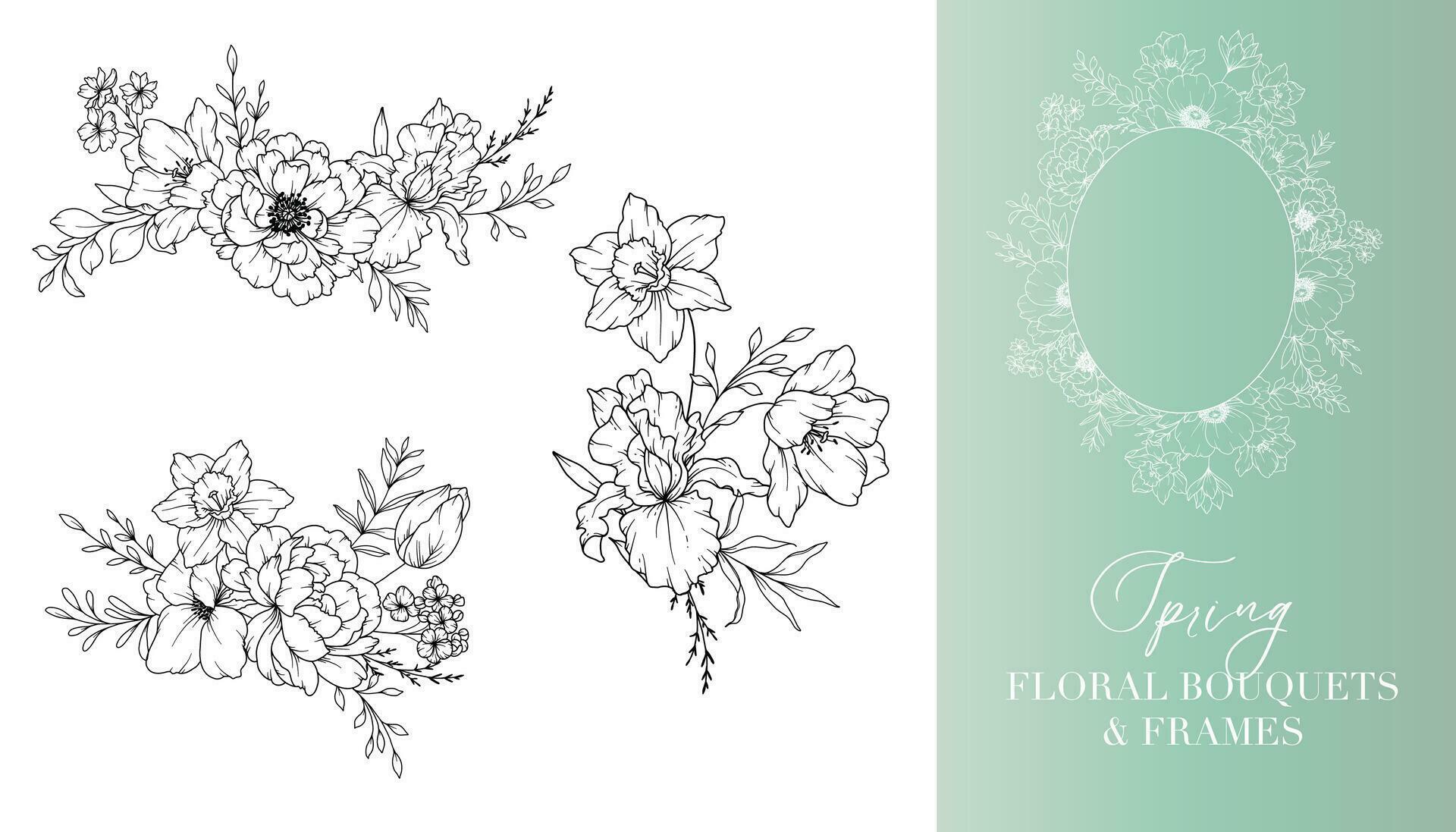 Spring Flowers Line Drawing. Floral Frames and Bouquets. Floral Line ...