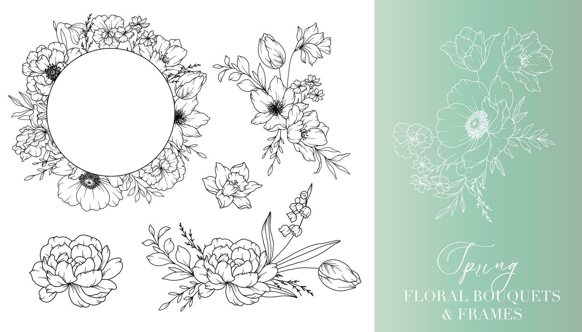 Spring Flowers Line Drawing. Floral Frames and Bouquets. Floral Line ...