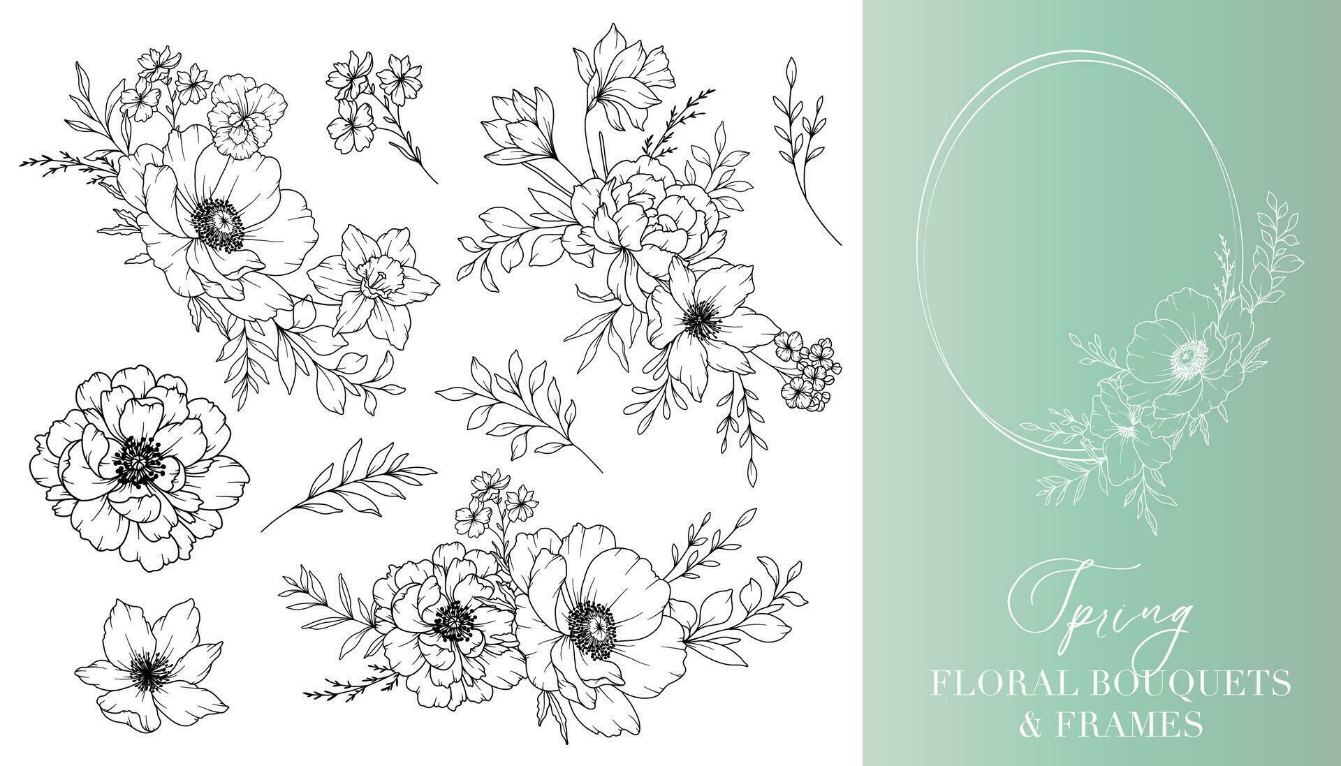 Spring Flowers Line Drawing. Floral Frames and Bouquets. Floral Line ...