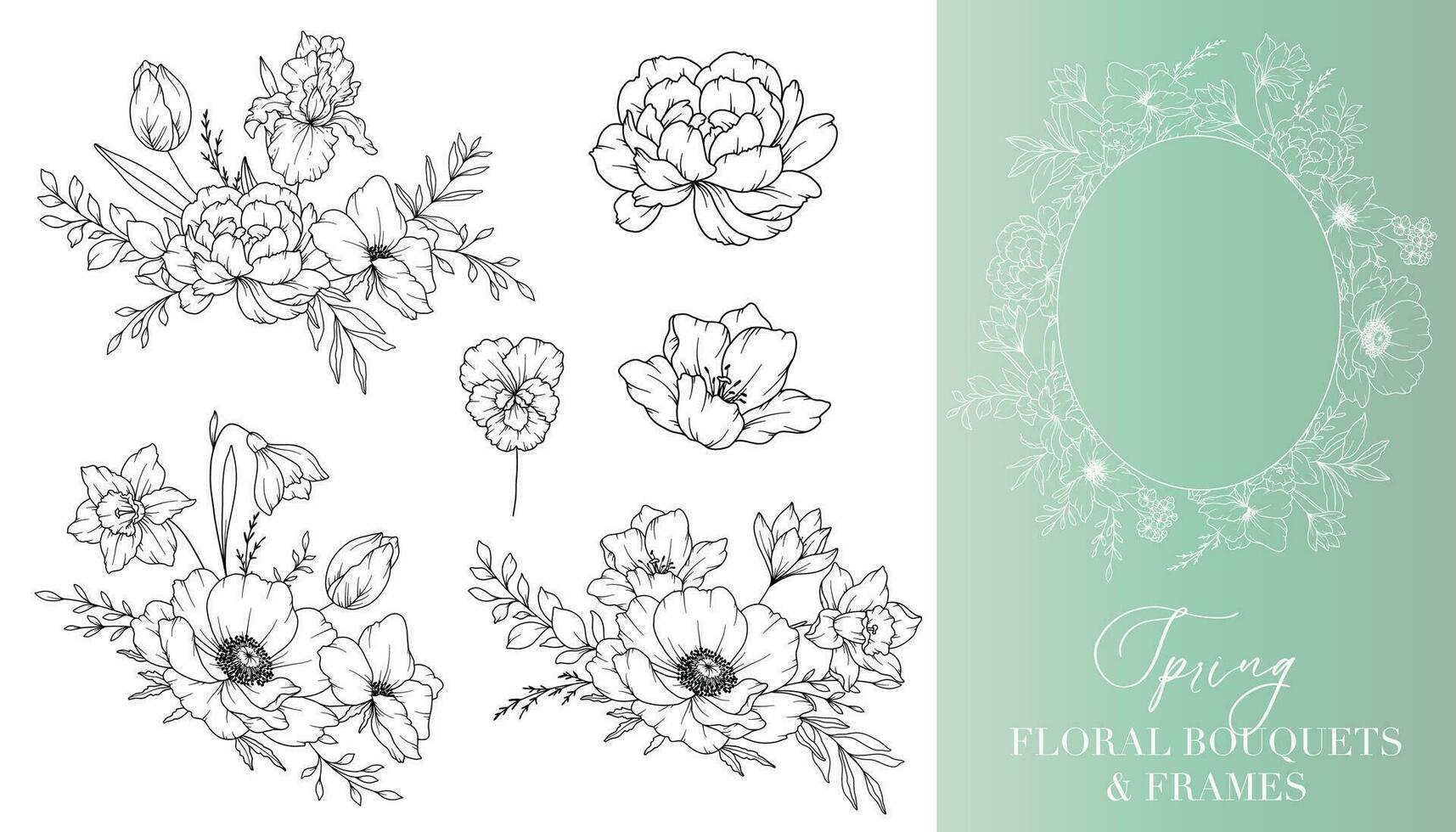 Spring Flowers Line Drawing. Floral Frames and Bouquets. Floral Line ...
