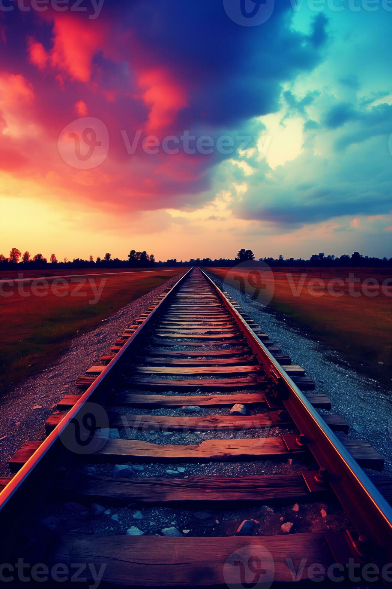 AI generated A railroad track stretching into the distance under a vibrant sunset sky ...