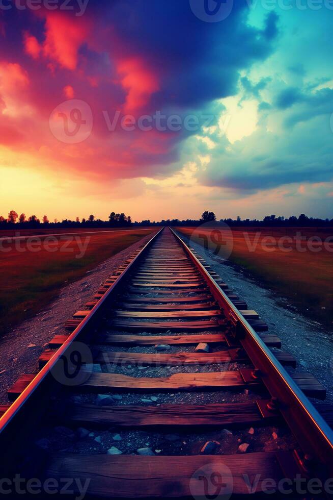 AI generated A railroad track stretching into the distance under a vibrant sunset sky ...