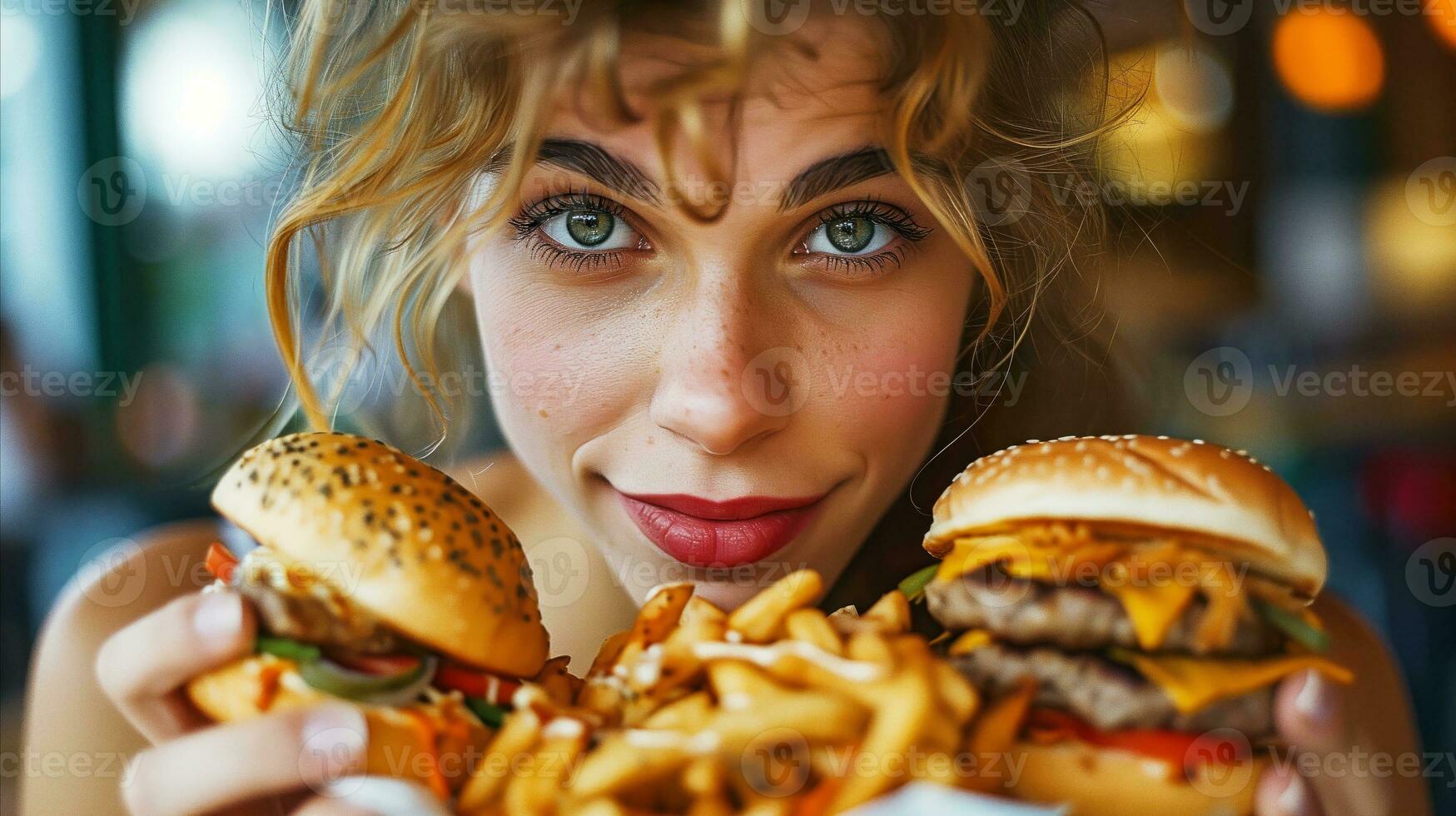 AI generated Young woman enjoying fast food, holding burgers and fries with pleasure 36714562 ...