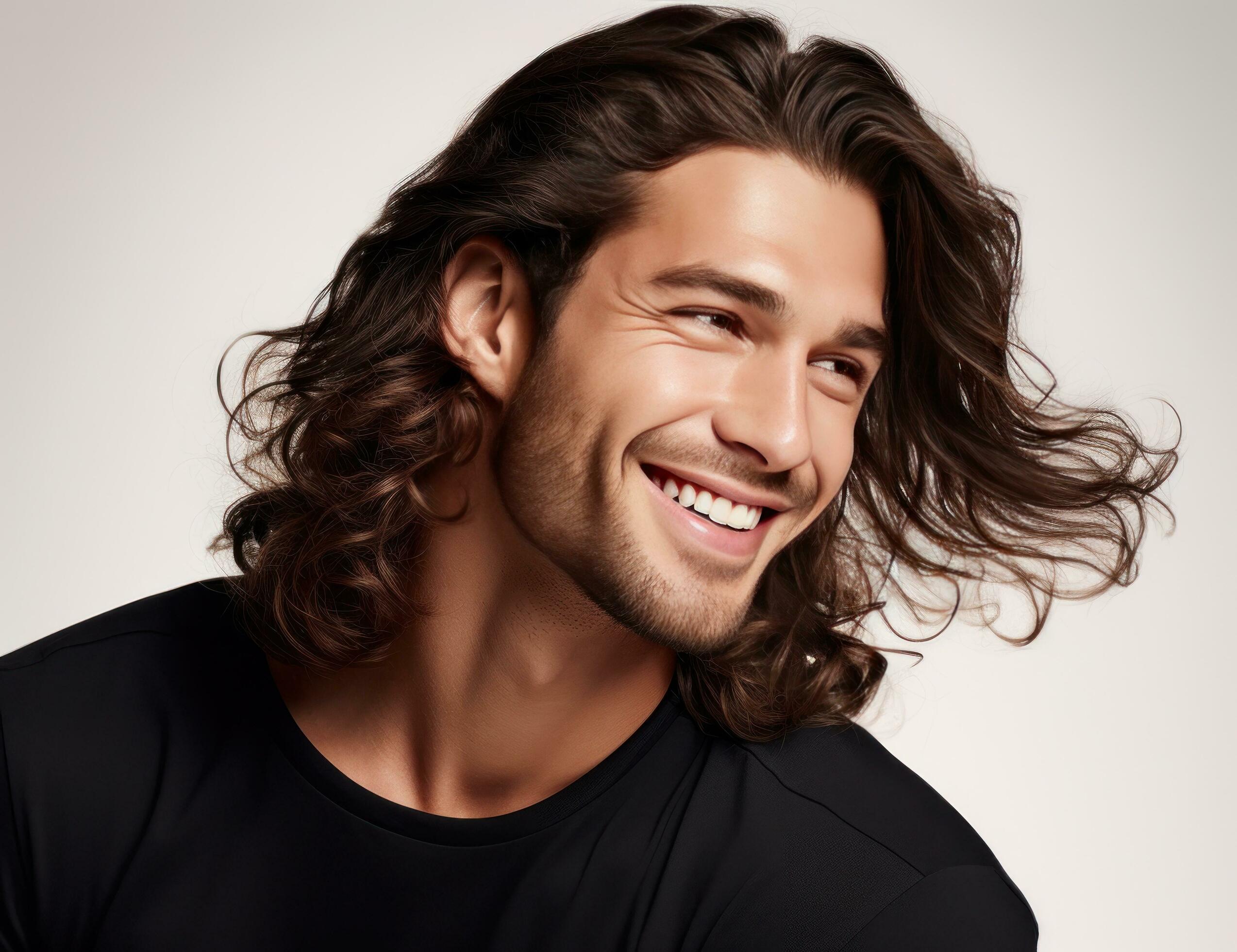 AI generated a man with long curly hair smiling while smiling 36729378 ...