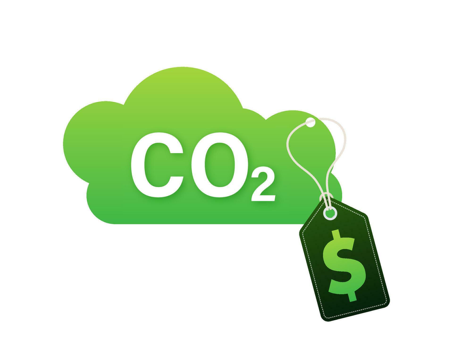 Conceptual vector illustration of green cloud with CO2 text and price tag, representing the cost ...