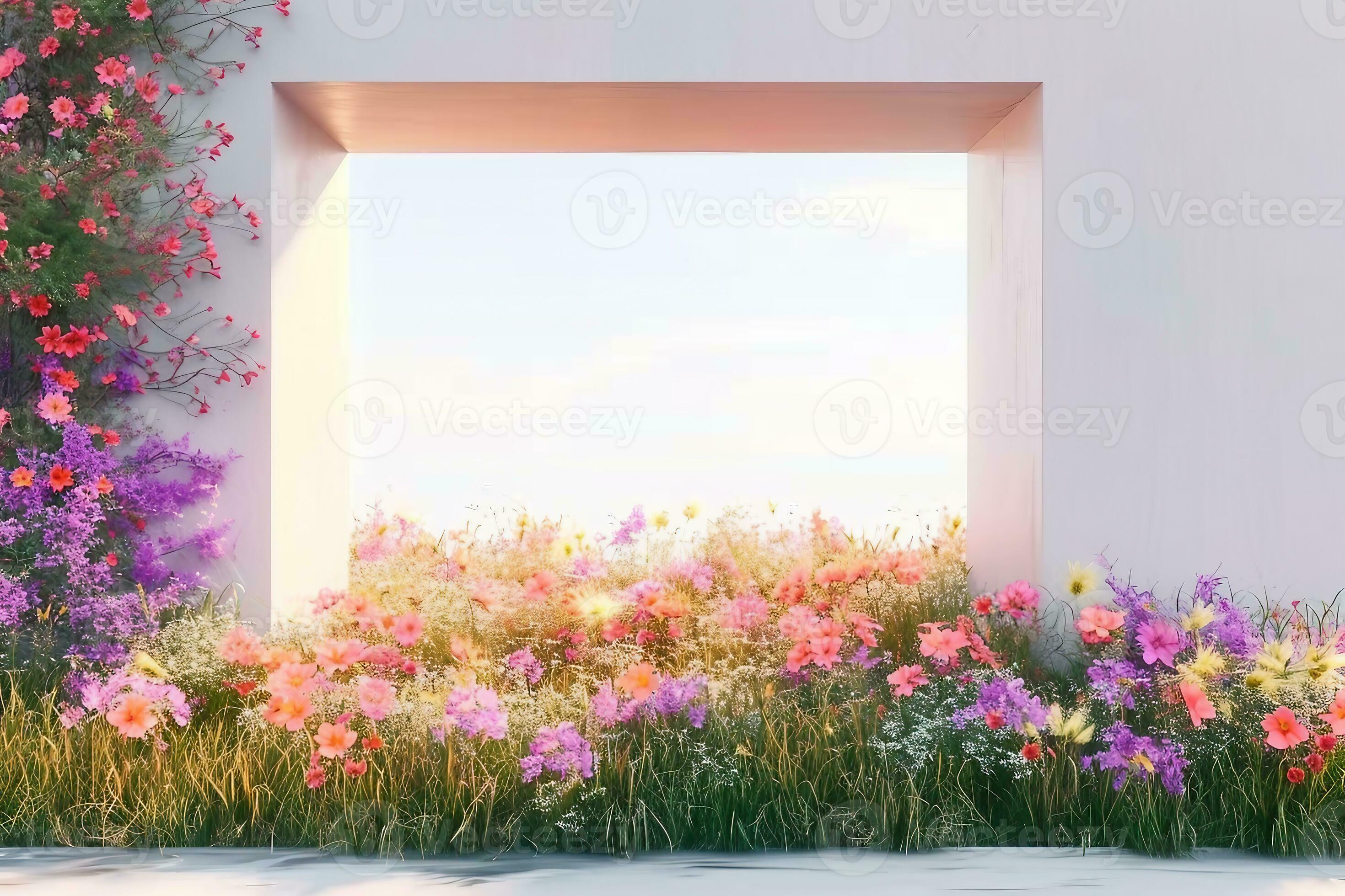 AI generated Spring floral installation scene with geometric arch form ...