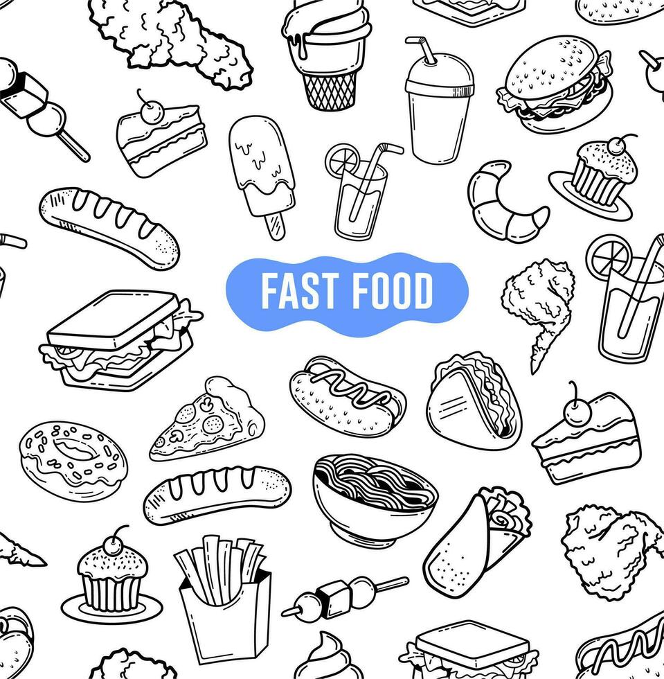 Seamless Pattern Background Hand Drawn Fast Food Doodle Vector Set Of