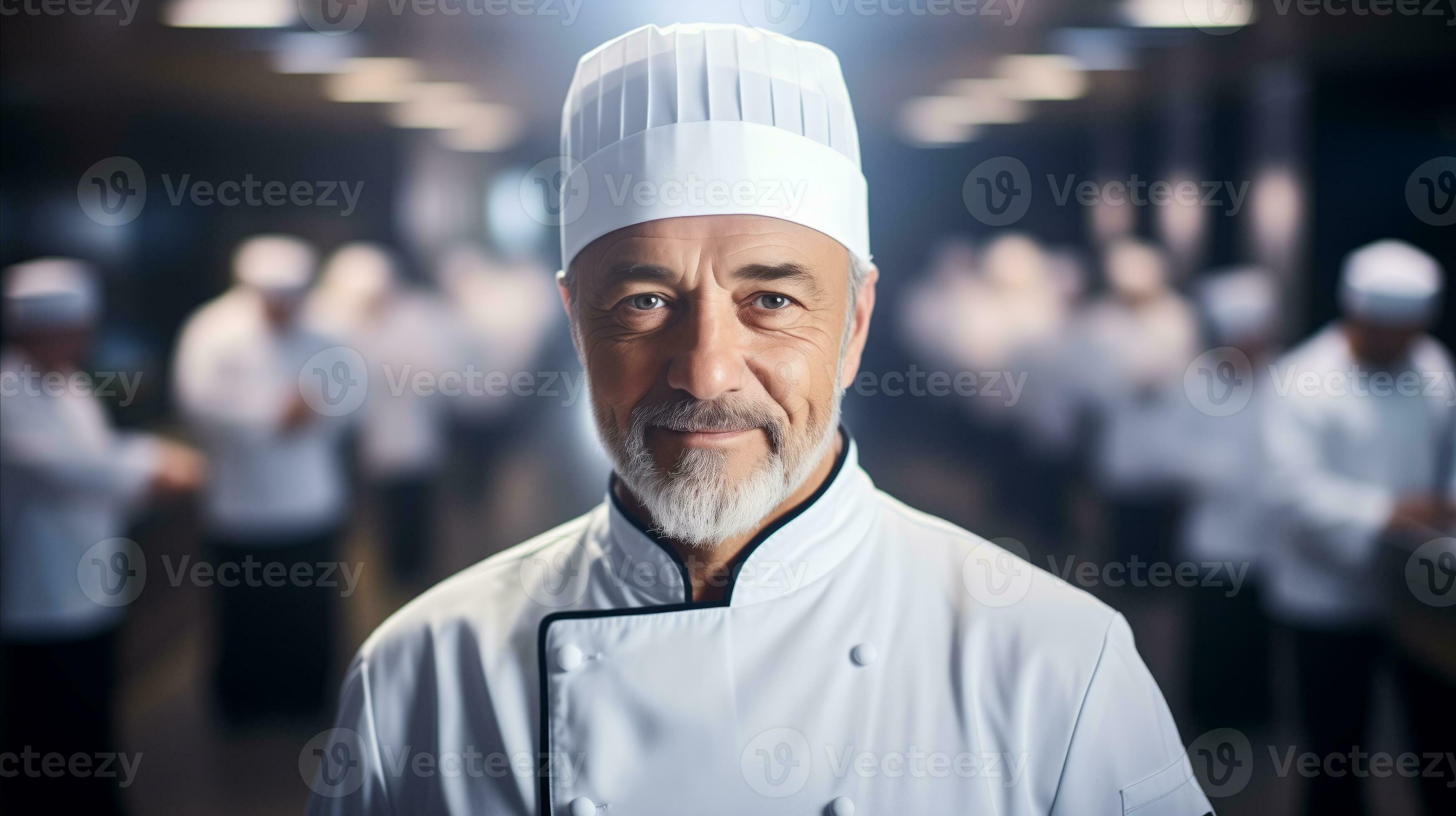AI generated Senior chef standing in front of his cooking team ...