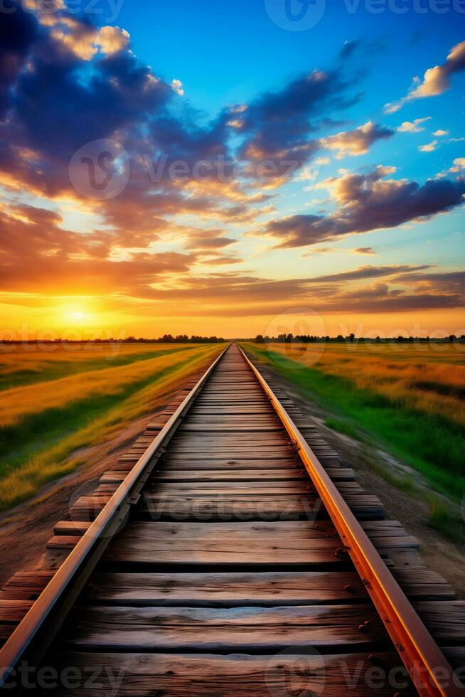 AI generated Railroad tracks disappearing into the horizon during a beautiful sunset, creating a ...