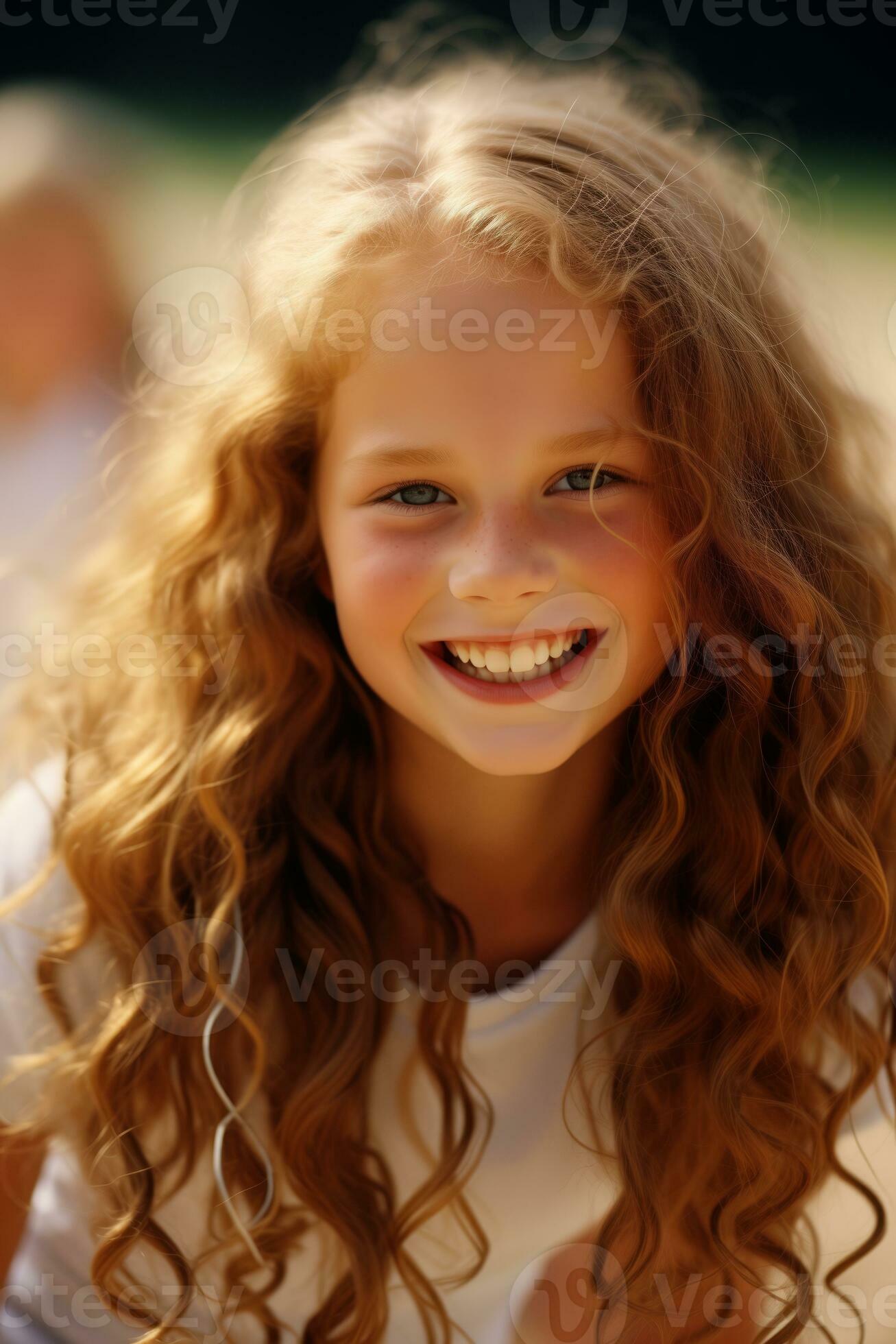 AI generated A young girl with long curly hair, radiating innocence and ...