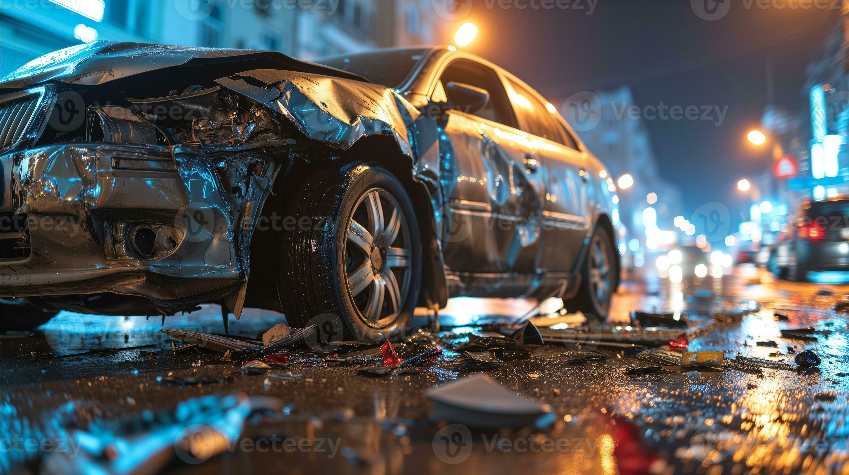 AI generated A wrecked car causing damage in the city at night. Generative AI 36776334 Stock ...