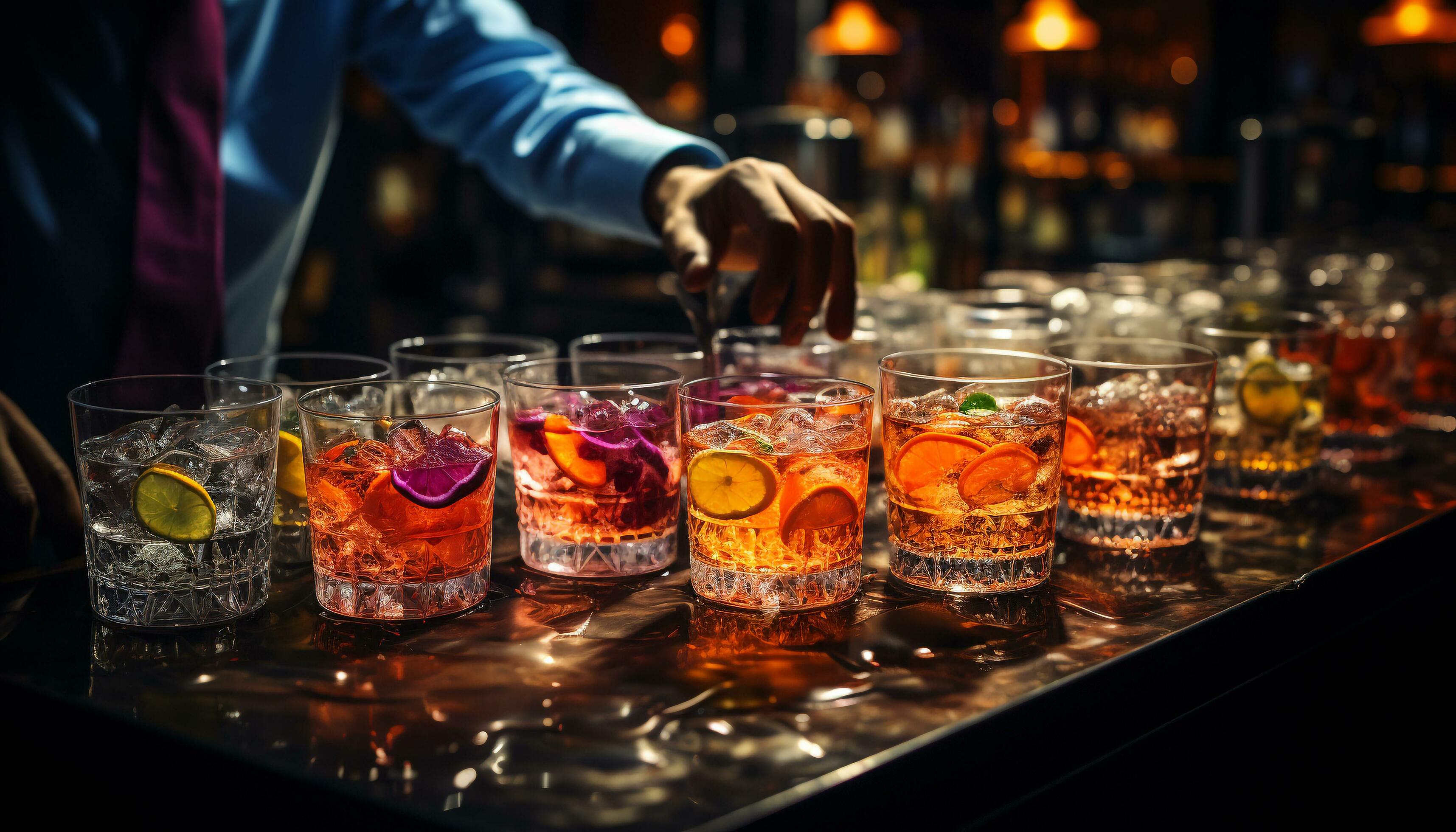 AI generated Bartender pouring whiskey, mixing cocktail, serving happy customers at bar ...