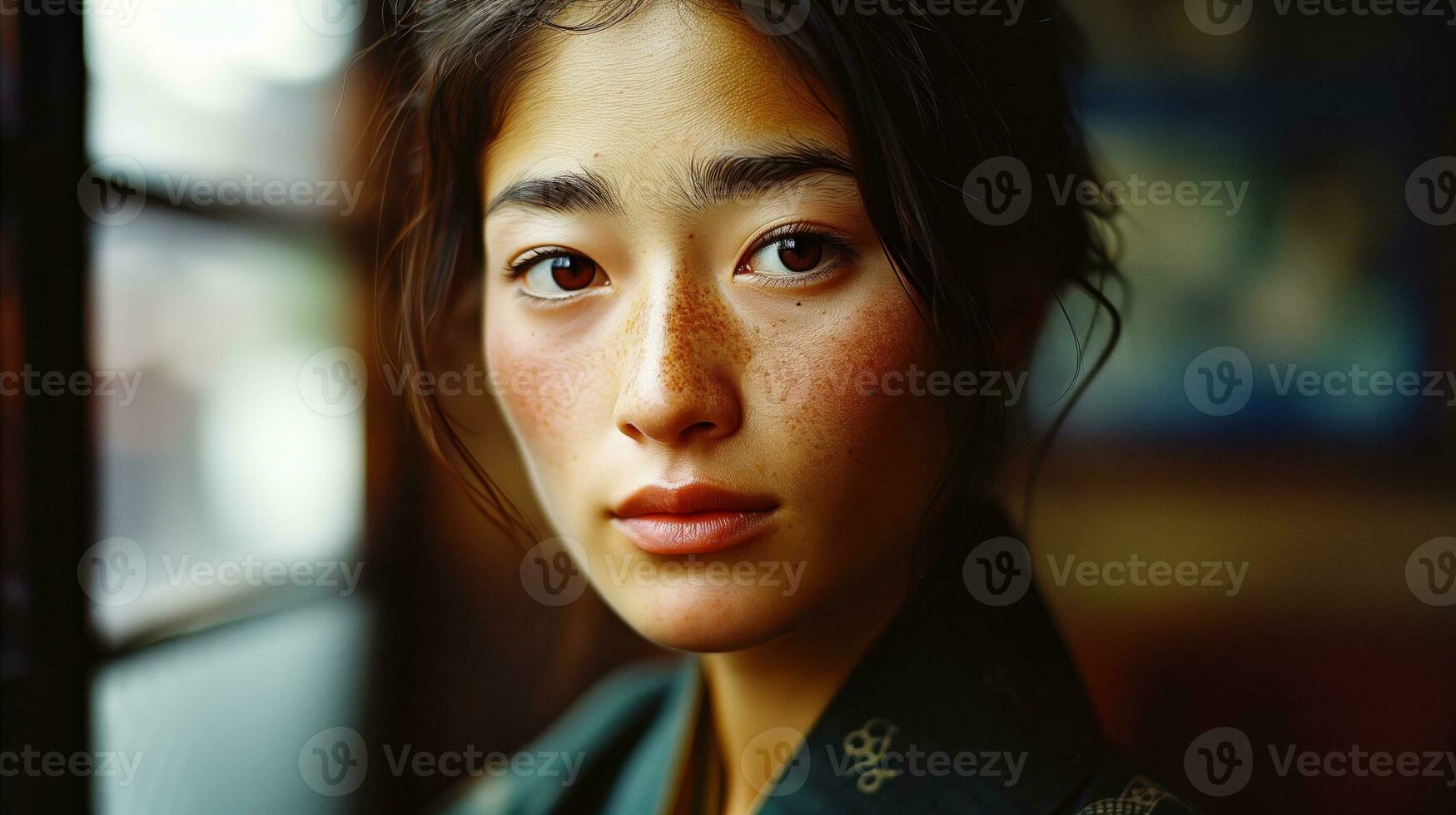 AI generated Serene young woman with freckles looking thoughtfully ... AI generated Serene young woman with freckles looking thoughtfully ...