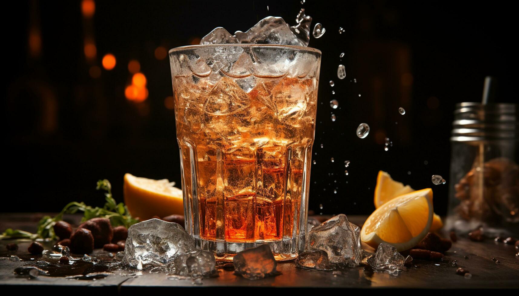 AI generated Refreshing cocktail with ice, whiskey, and citrus fruit on bar generated by AI ...