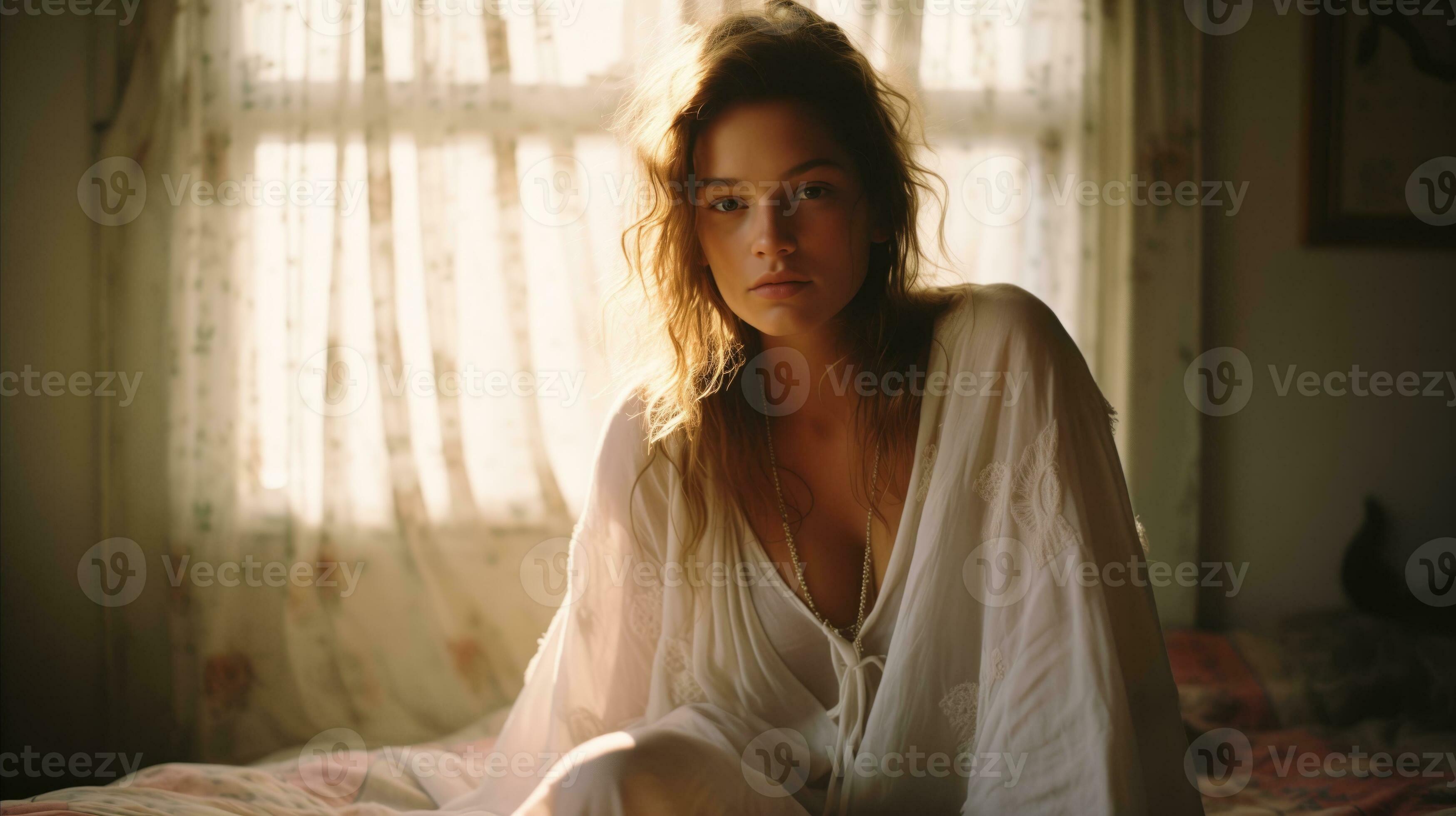 Ai Generated A Woman Lost In Thought Sitting On The Bed Generative Ai