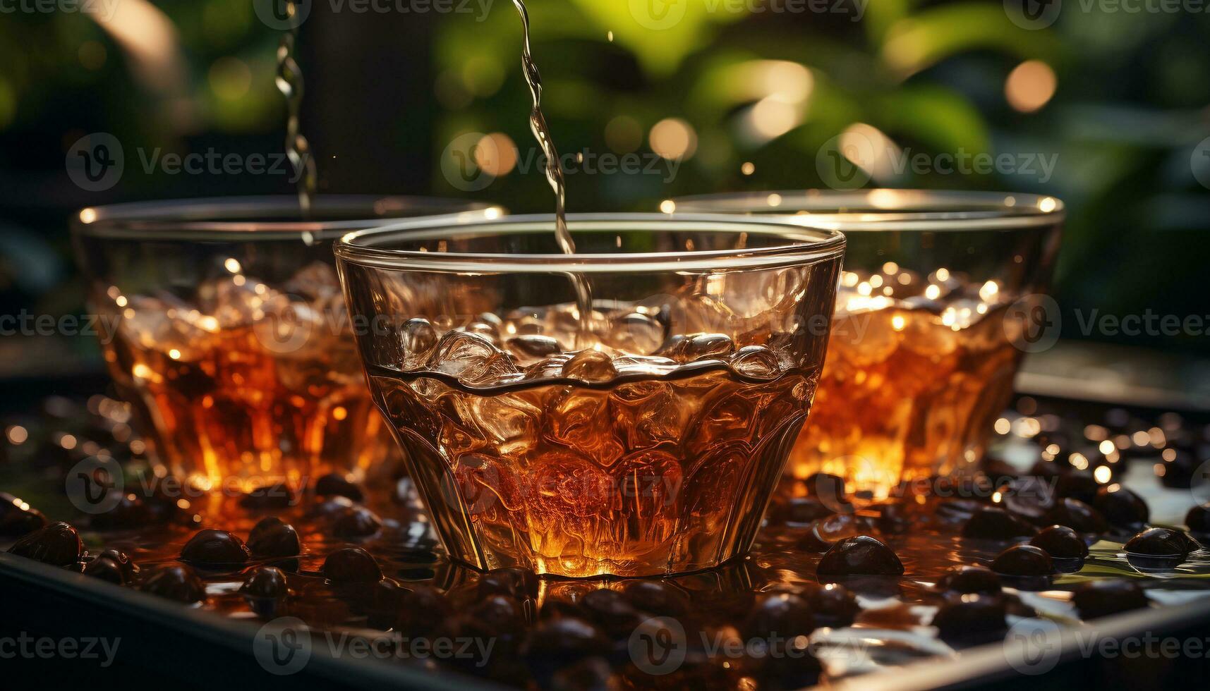 AI generated Refreshing whiskey cocktail poured into glass at outdoor bar generated by AI ...