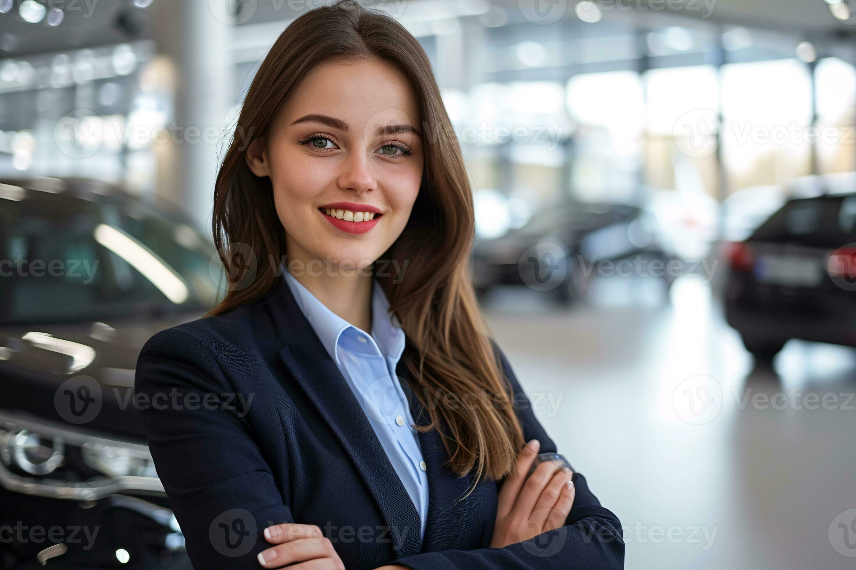 AI generated Professional luxury car saleswoman in luxury showroom. Auto dealership office. Car ...