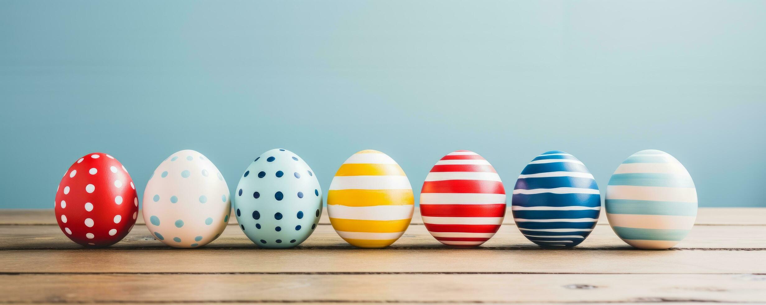 AI generated colorful easter eggs lined up on a wooden table 36794278 ...