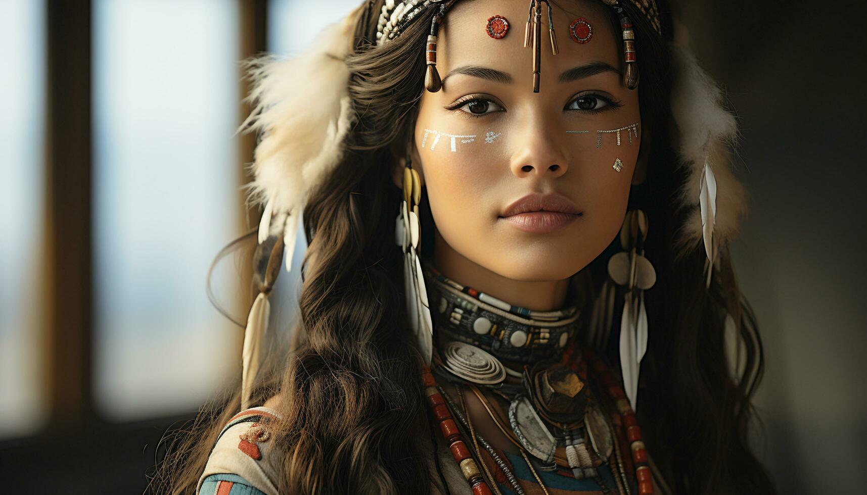 AI generated Young woman in traditional clothing looking confidently at camera outdoors ...