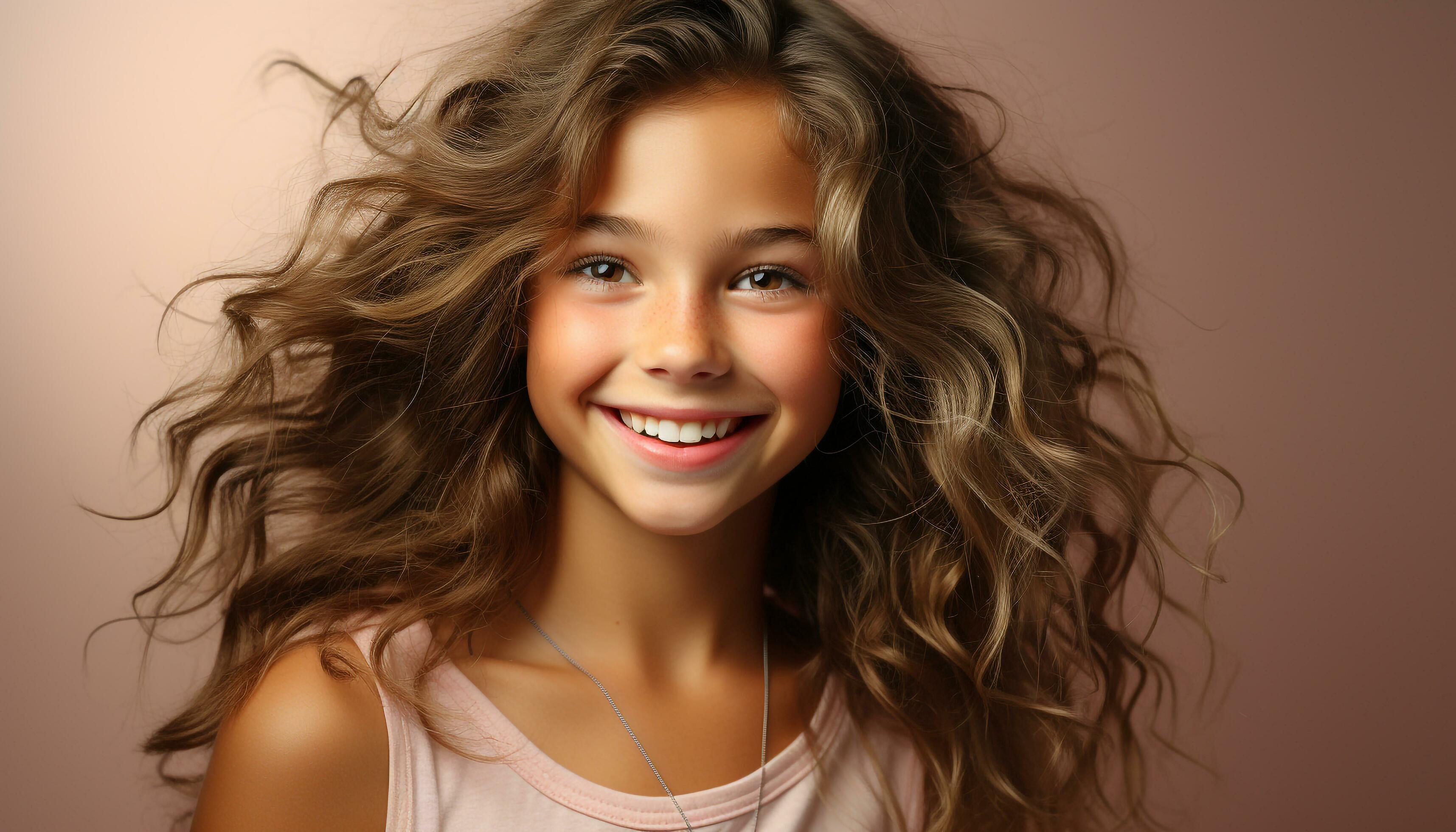 Ai Generated Smiling Portrait Of One Cheerful Caucasian Girl With Long
