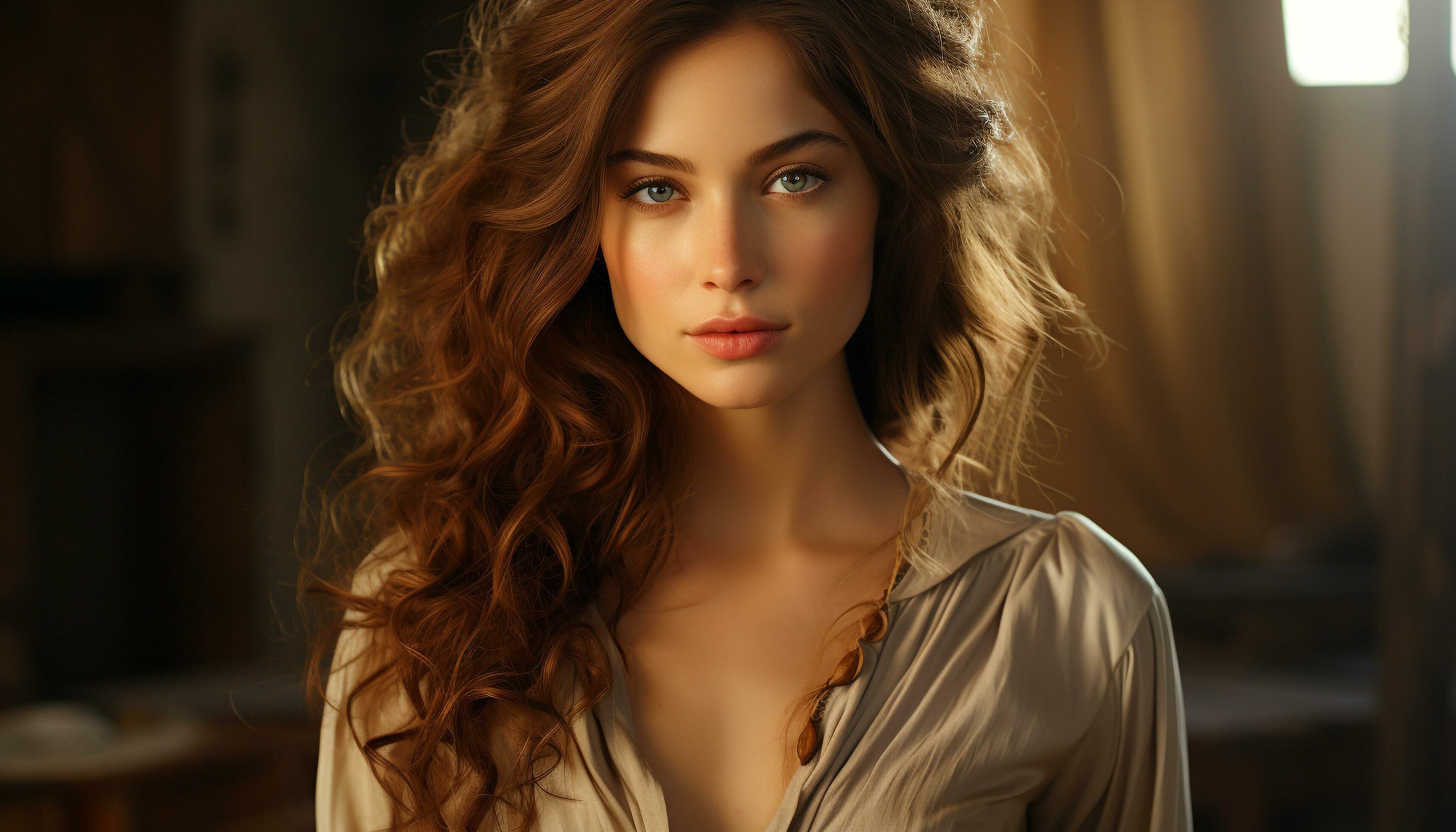 AI generated Beautiful woman with long brown hair, looking at camera ...