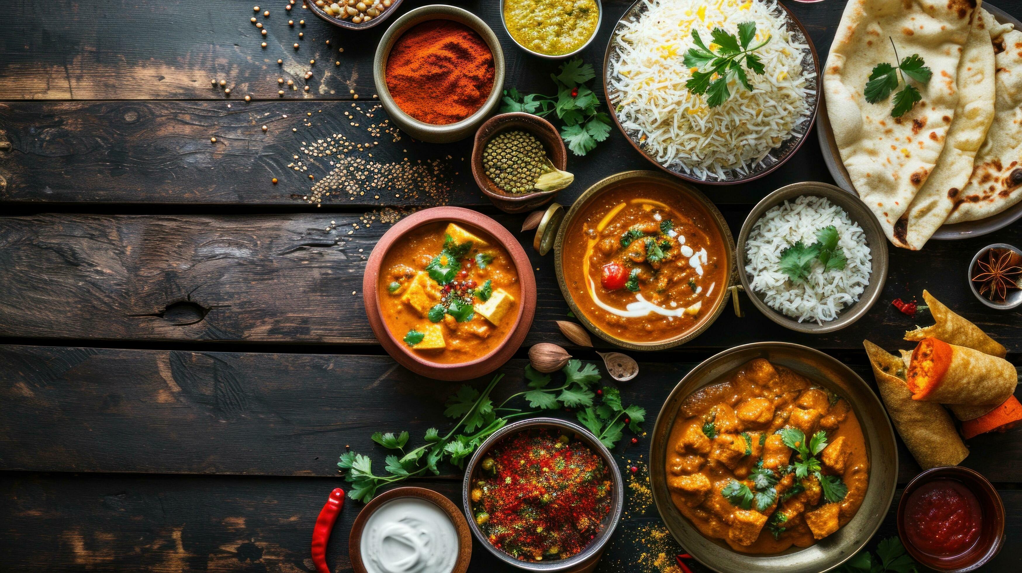 AI generated Assorted indian food on dark wooden background 36804331 ...