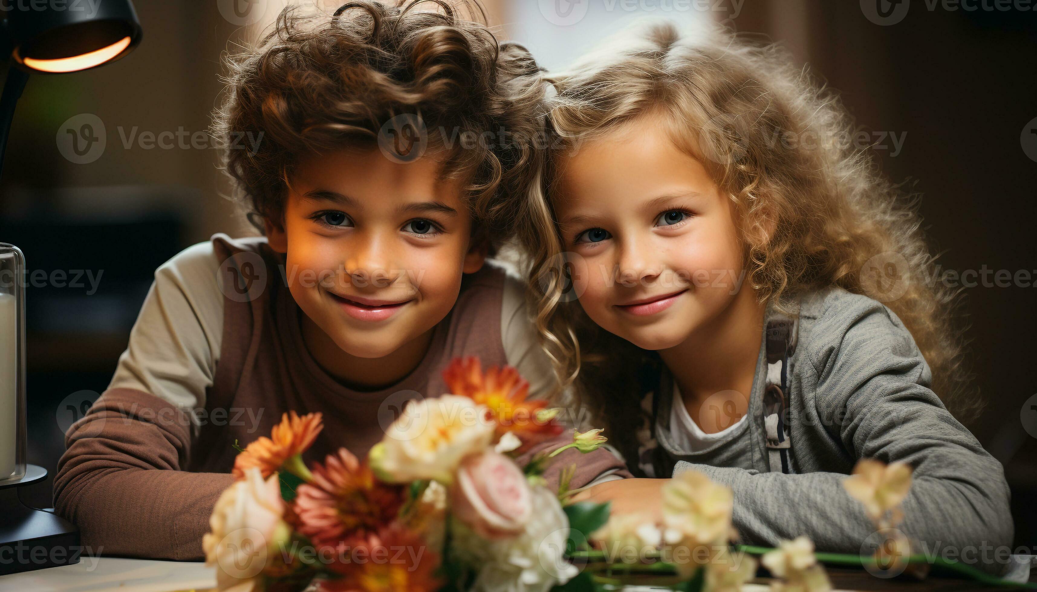 AI generated Smiling boys and girls, cute siblings, happiness indoors ...