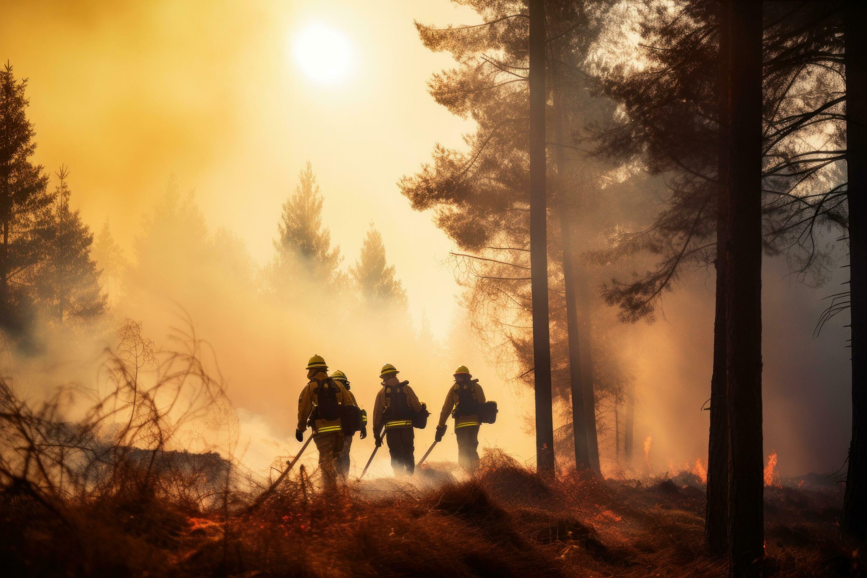 AI generated four firefighters walk through a forest with flames ...